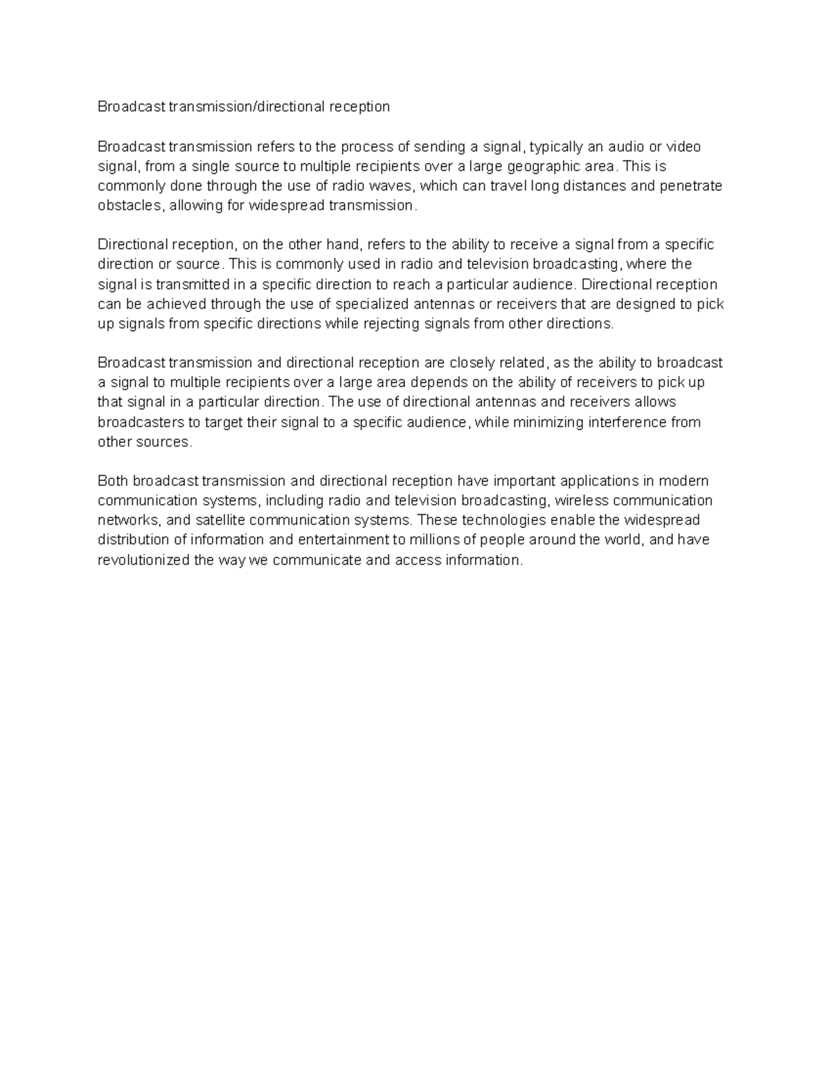 Broadcast transmission directional reception - Broadcast transmission ...