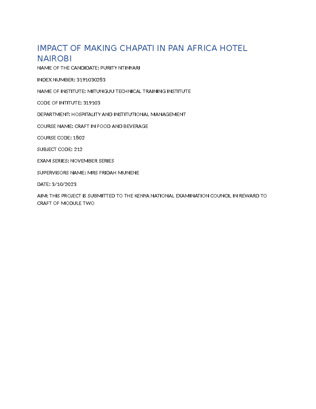 Purity project - IMPACT OF MAKING CHAPATI IN PAN AFRICA HOTEL NAIROBI ...