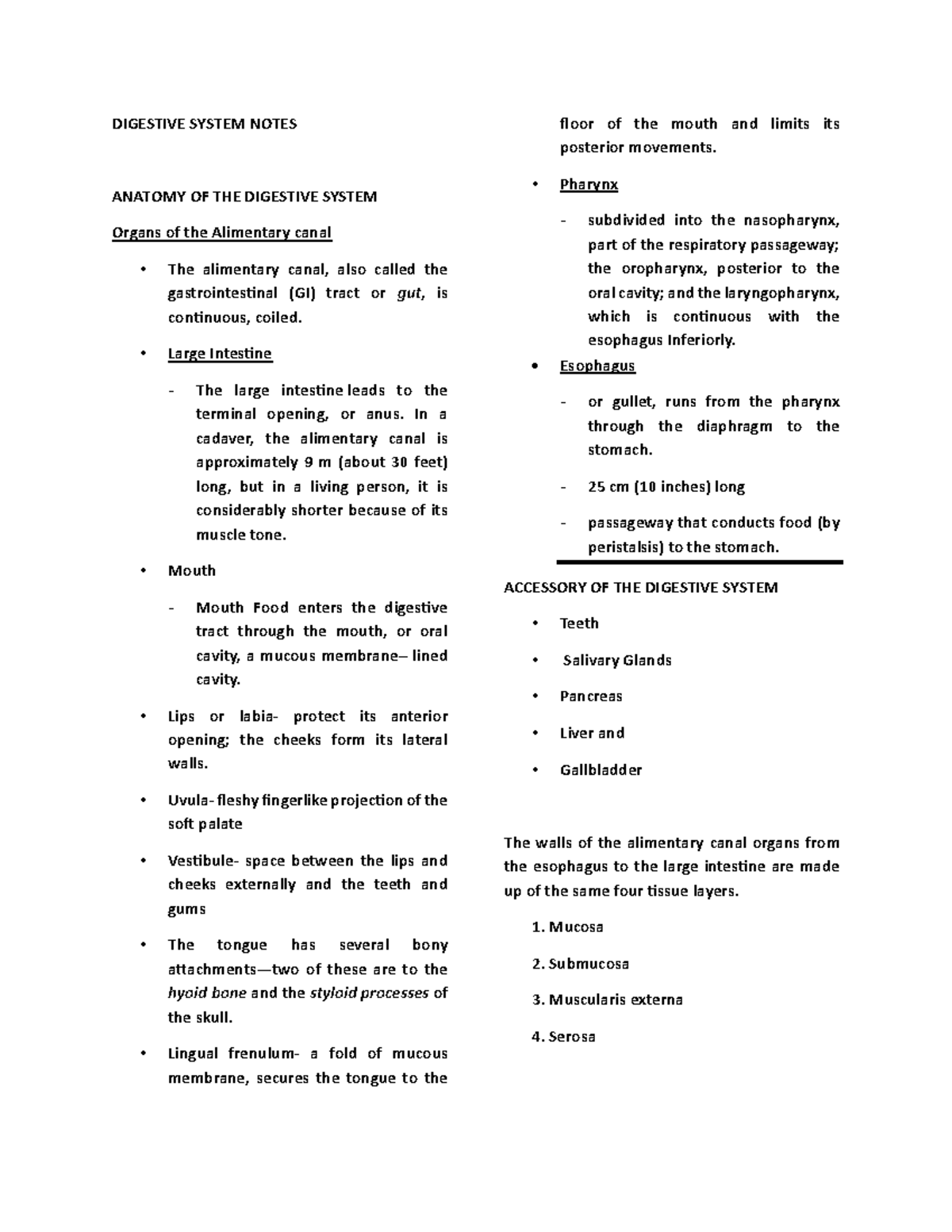 Digest - DIGESTIVE SYSTEM NOTES ANATOMY OF THE DIGESTIVE SYSTEM Organs ...