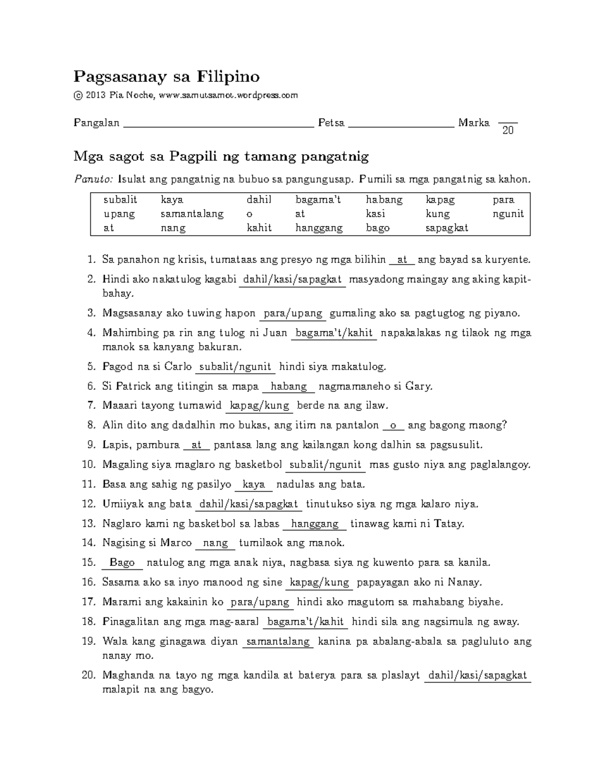 Mga-sagot-sa-pagpili-ng-tamang-pangatnig 1-1 - Pagsasanay sa Filipino ...