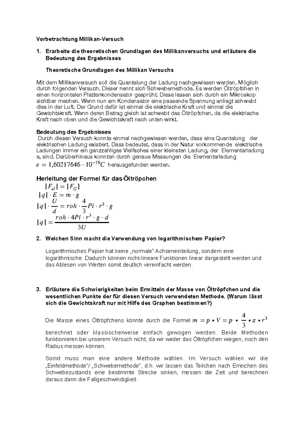 Physik-Milikan-Versuch-Protokoll und vorbetrachtung. Und ein Vergleich ...