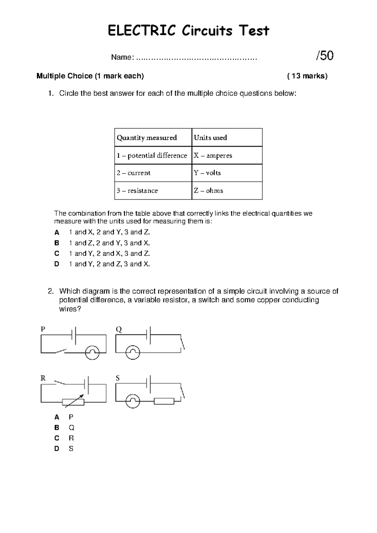 2017 Electric Circuits Test - ELECTRIC Circuits Test Name: - Studocu