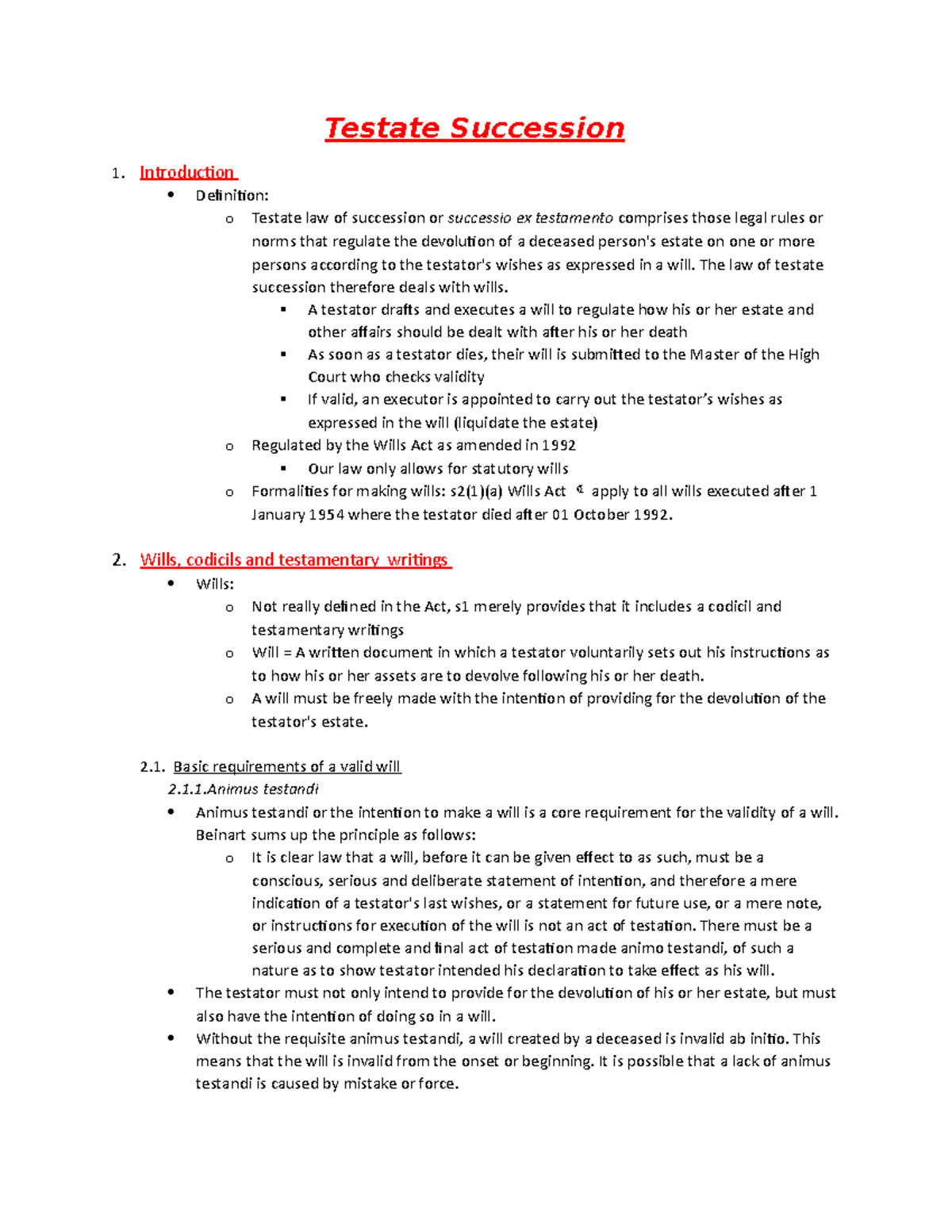 Testate Succession notes - Testate Succession 1. Introduction ...
