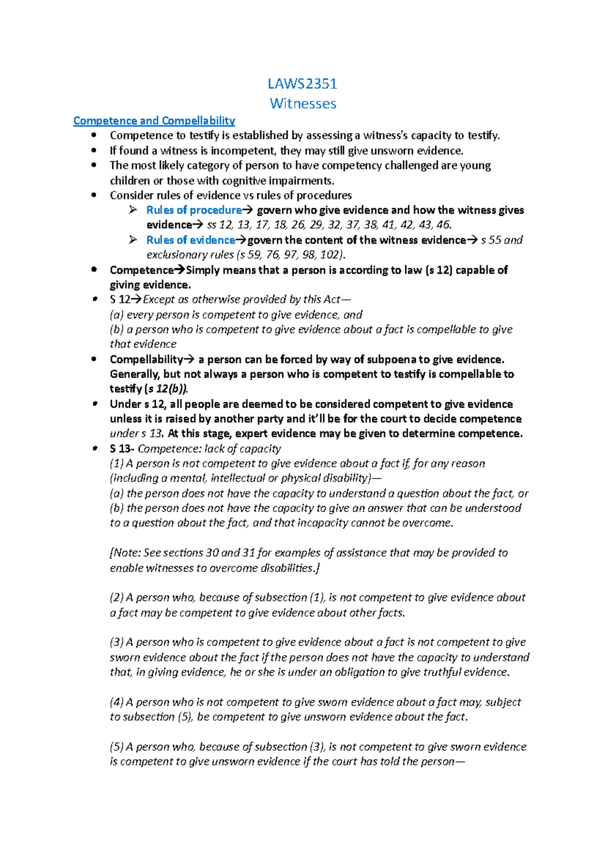 Witnesses - full notes - LAWS Witnesses Competence and Compellability ...