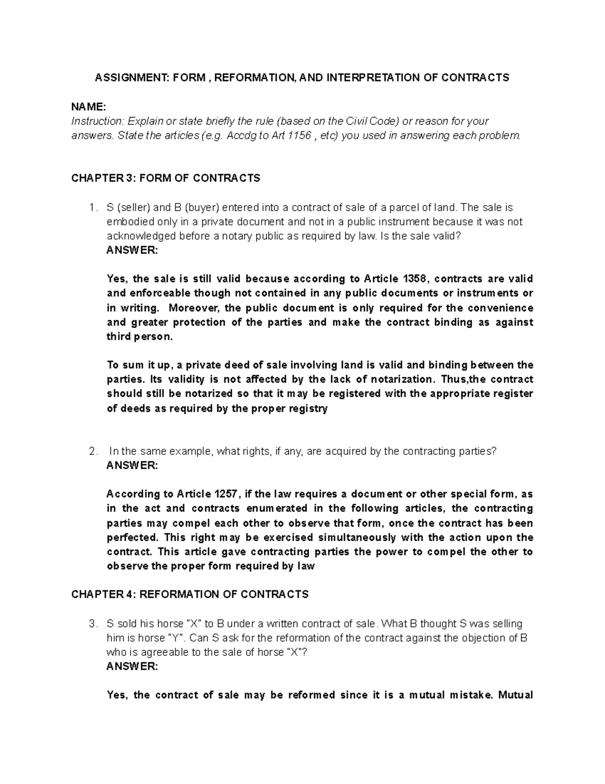 FORM OF Contracts - LAW 1 - ASSIGNMENT: FORM , REFORMATION, AND INTERPRETATION OF CONTRACTS NAME ...