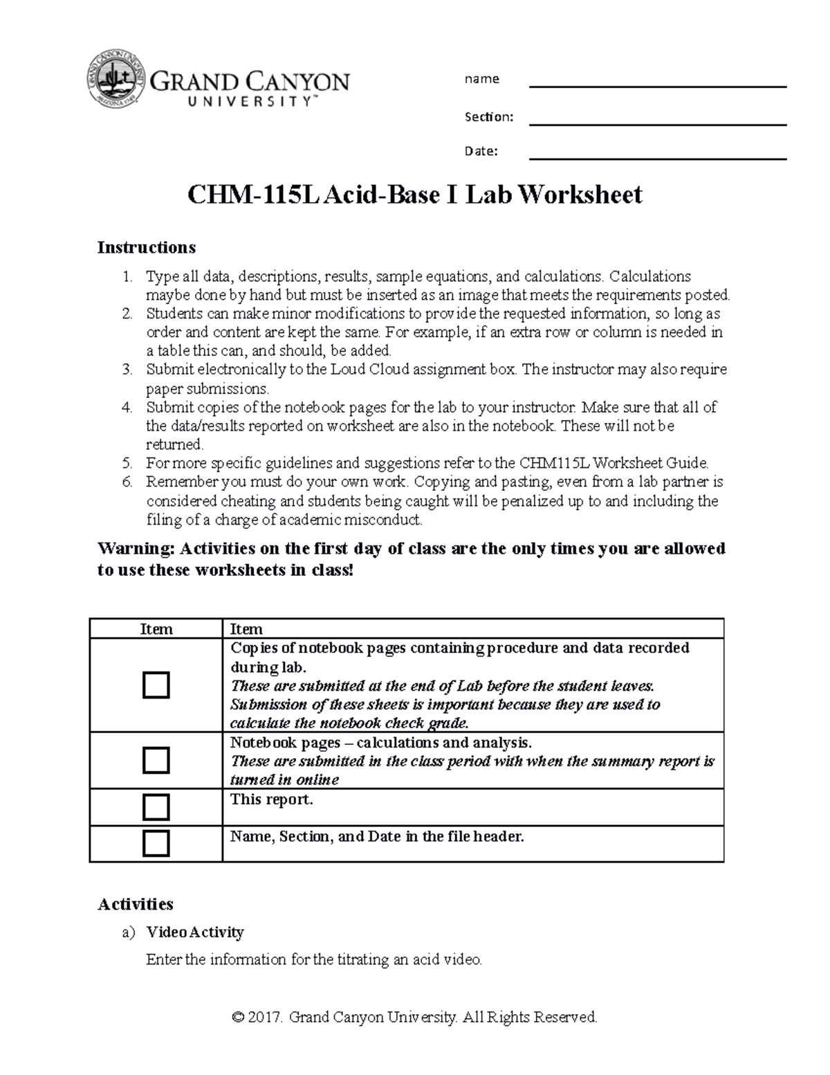 Acid Base 1 Summary Report - Section: Date: CHM-115L Acid-Base I Lab ...