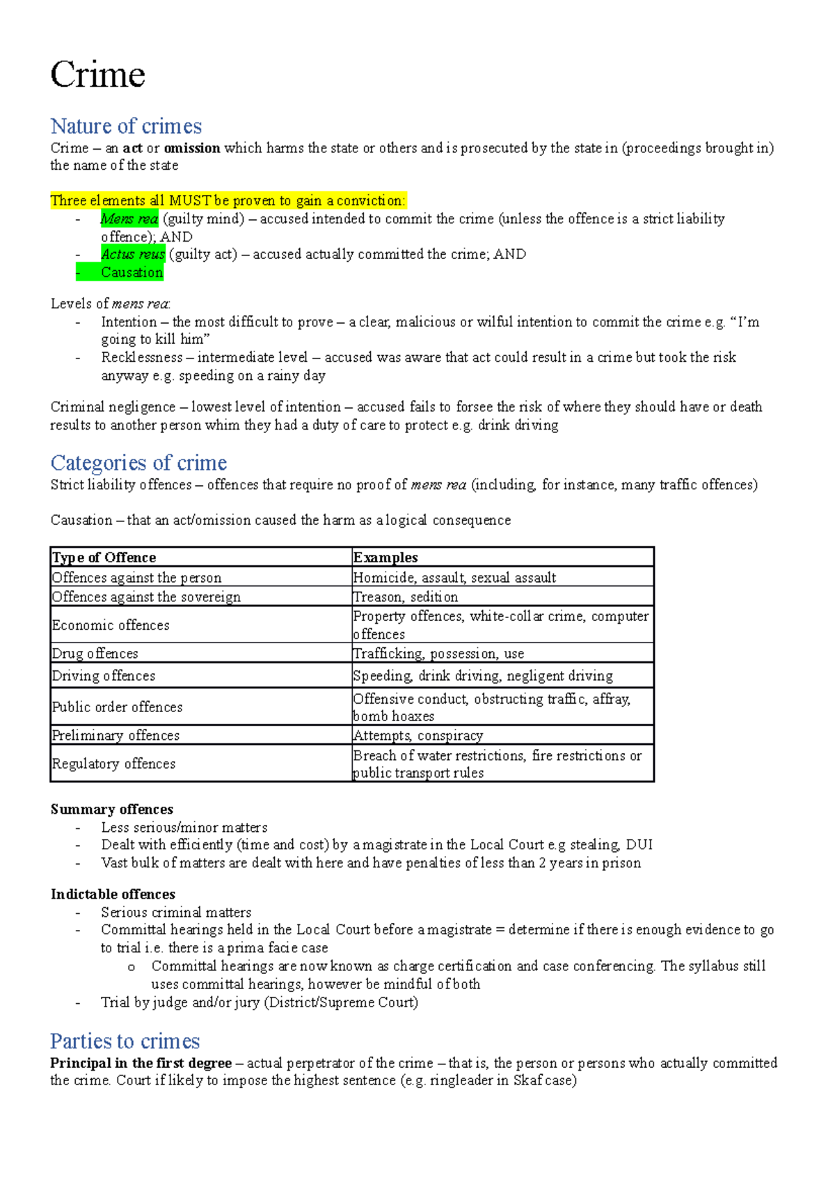 Legal notes - Crime Nature of crimes Crime – an act or omission which ...