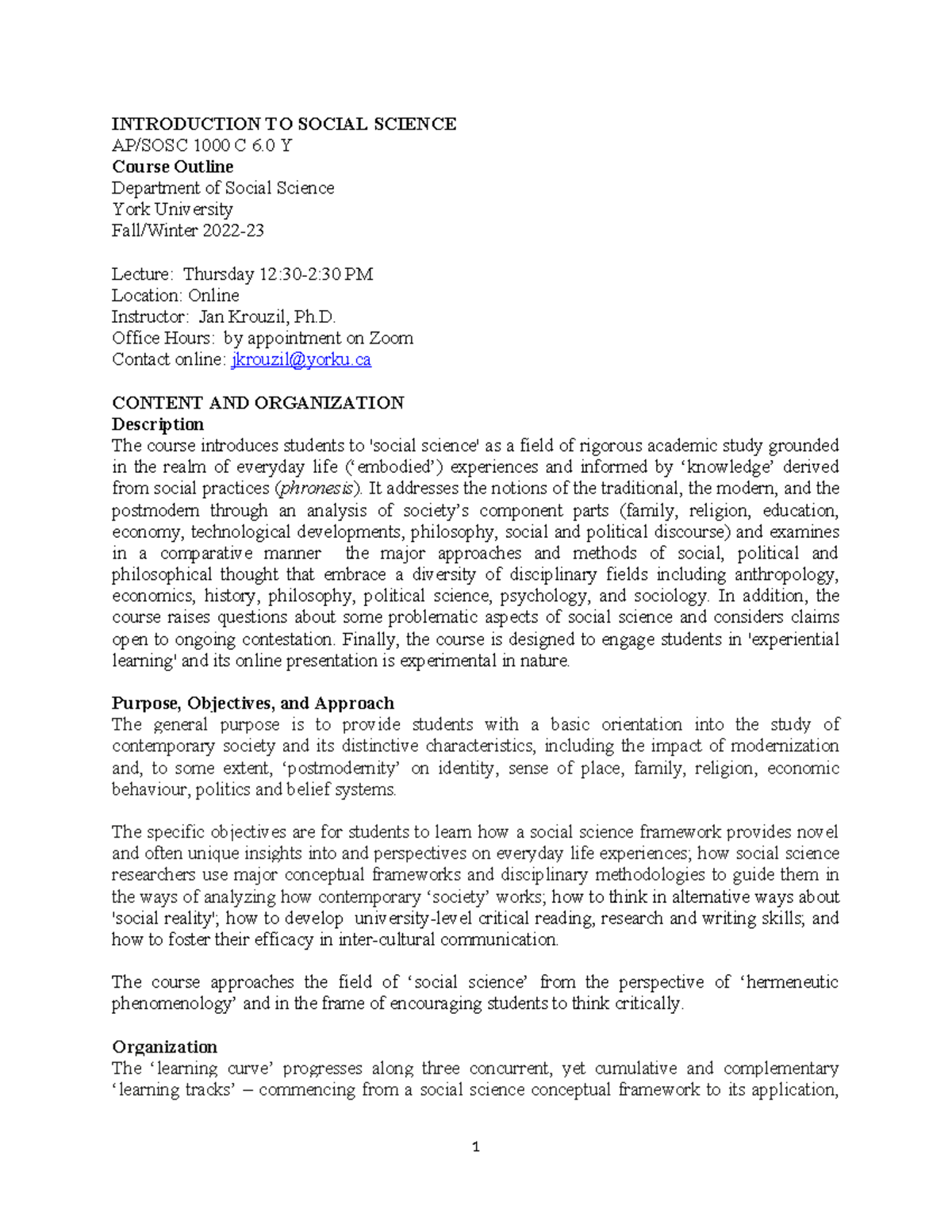 Course outline C - INTRODUCTION TO SOCIAL SCIENCE AP/SOSC 1000 C 6 Y ...