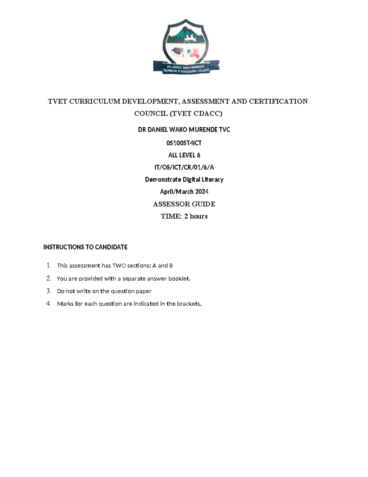 Assessor guide dl - marking scheme of digital literacy - TVET ...