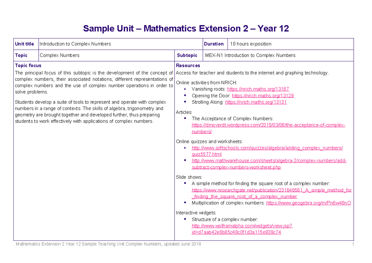 Mathematics extension 2 year 12 complex numbers - Sample Unit ...