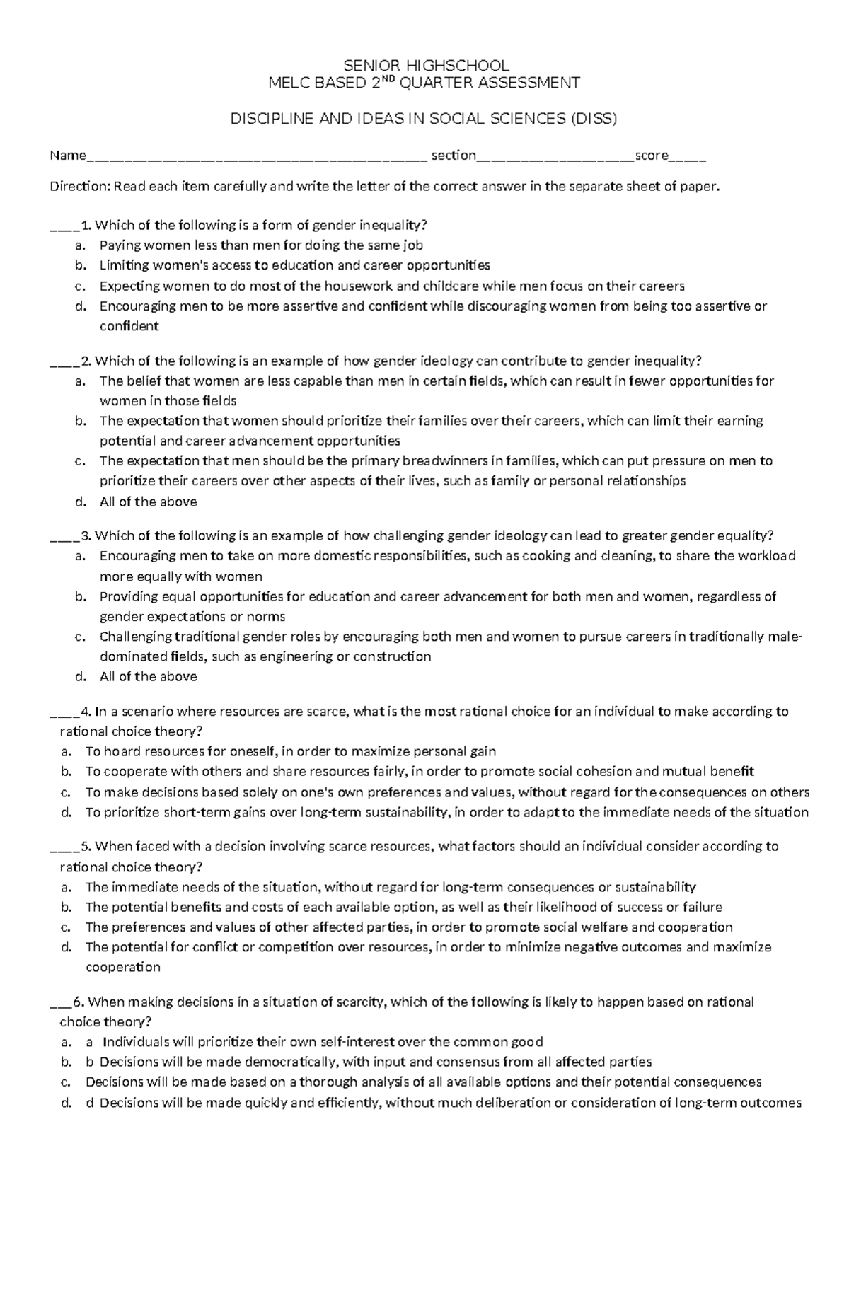 2 Q MELC Based DISS Assessment with Answer KEY - Name