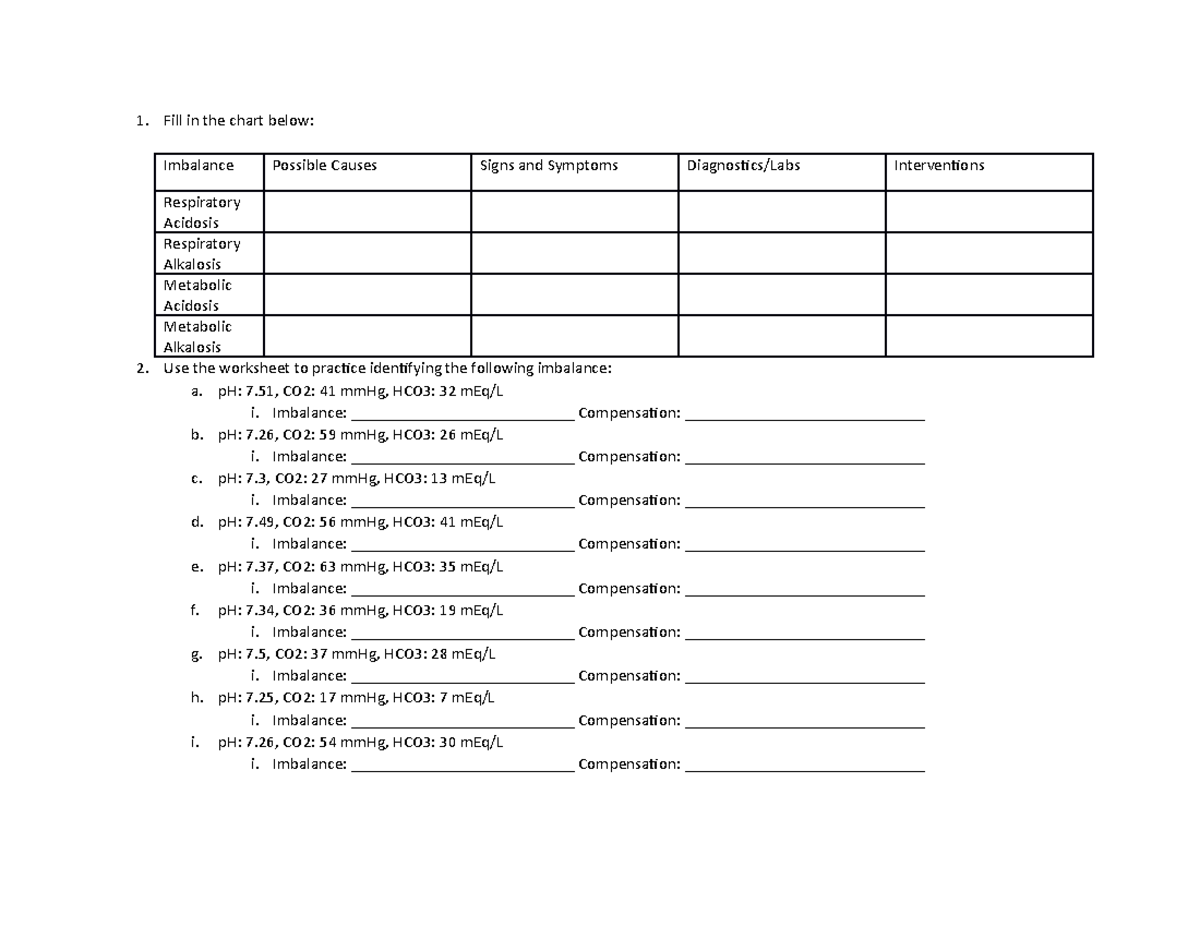 ABG Worksheet - ABG - Fill in the chart below: Imbalance Possible ...