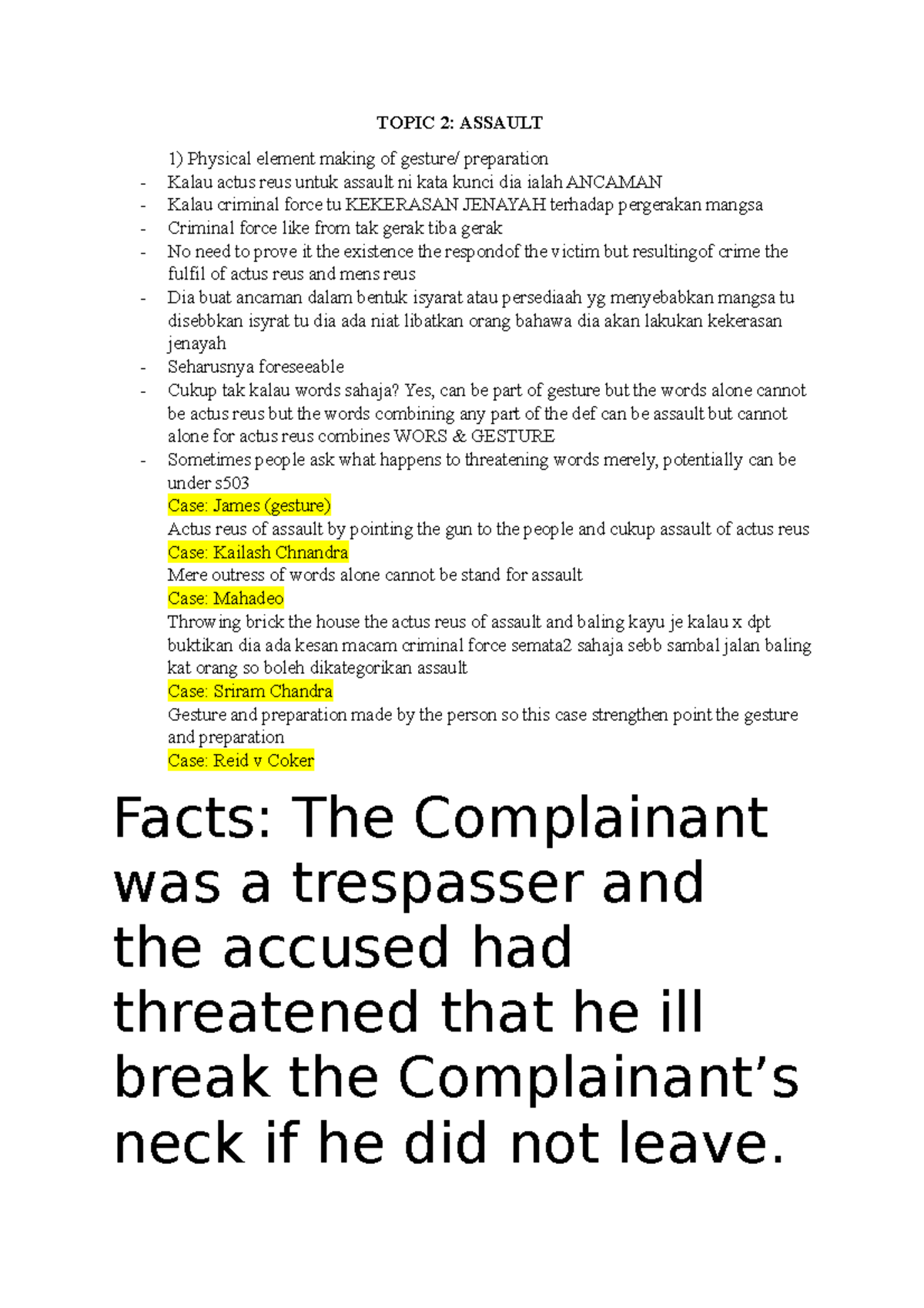 Topic 2 Assault - my own notes - TOPIC 2: ASSAULT Physical element ...