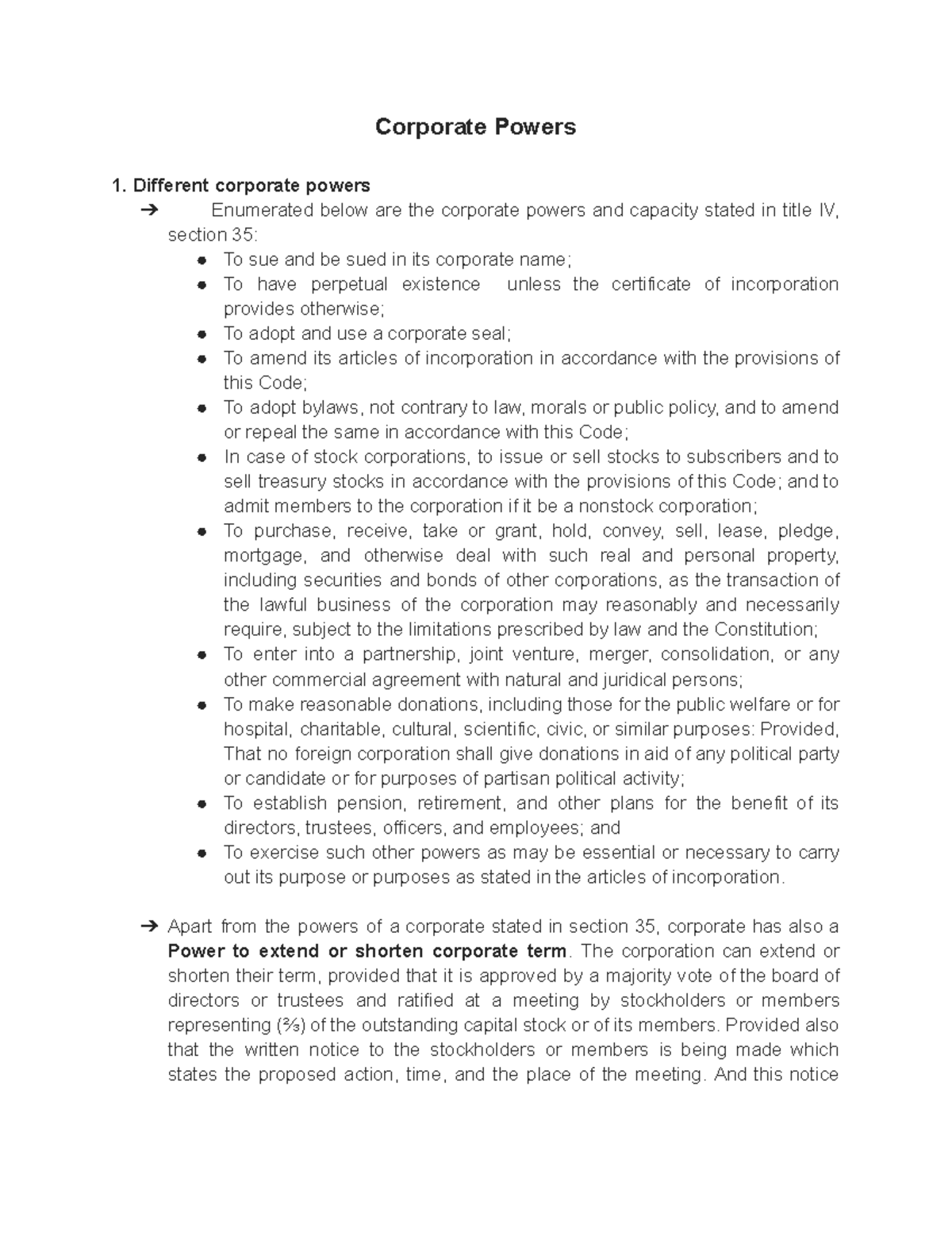 Corporate Powers - n/a - Corporate Powers Different corporate powers ...