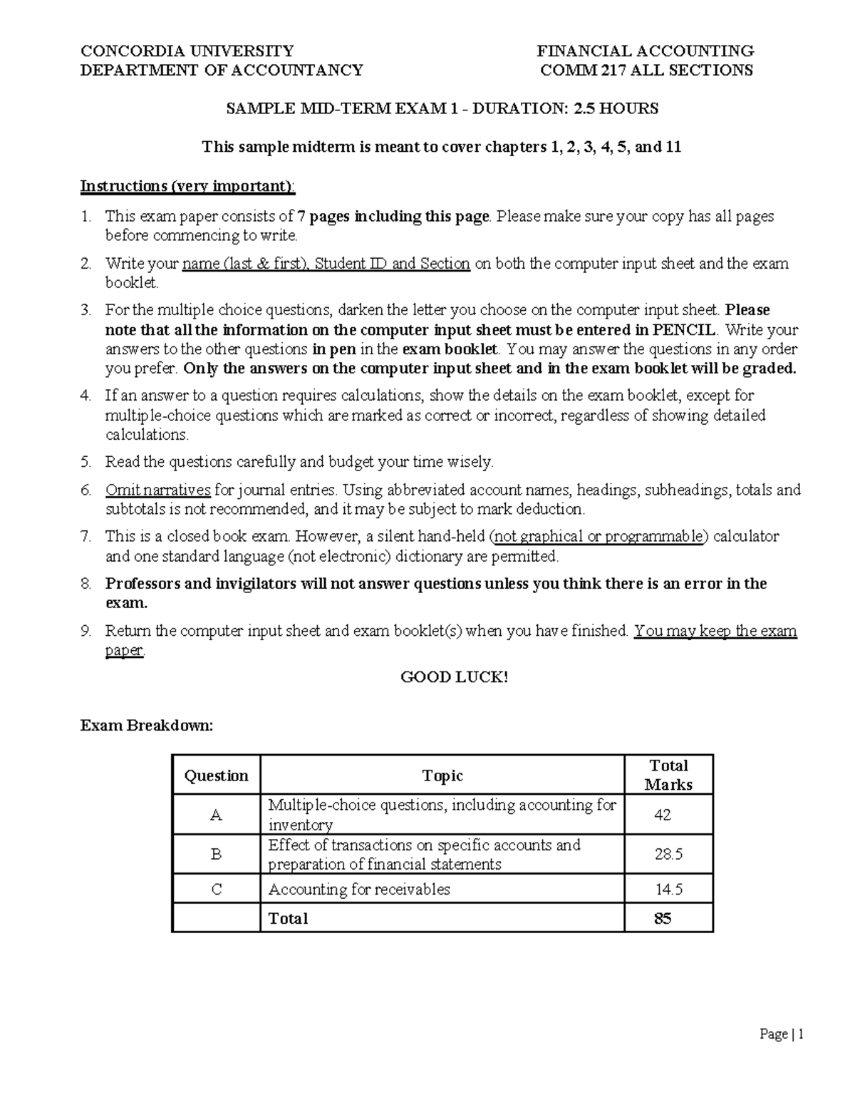 Sample Mid-term Exam - 1 - Page | 1 CONCORDIA UNIVERSITY FINANCIAL ...