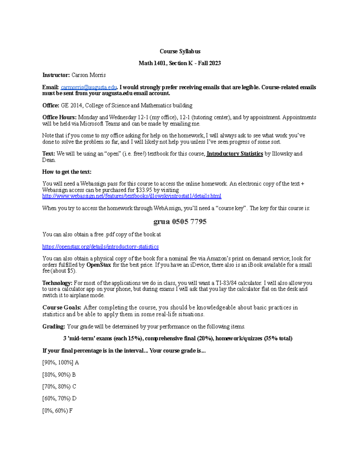 MATH 1401 Syllabus (Section K) - Course Syllabus Math 1401, Section K ...
