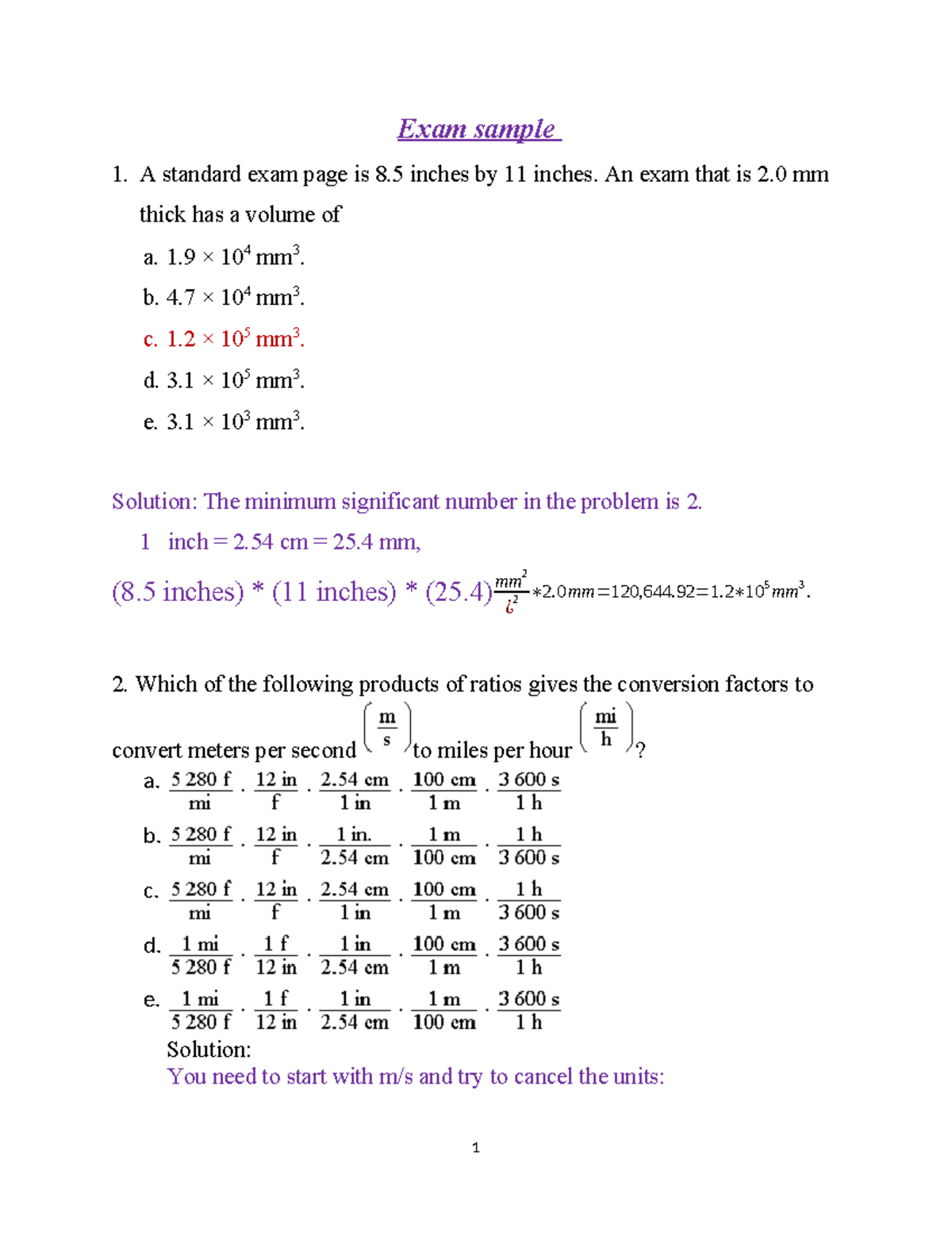 Review for exam 1 - Exam sample 1. A standard exam page is 8 inches by ...