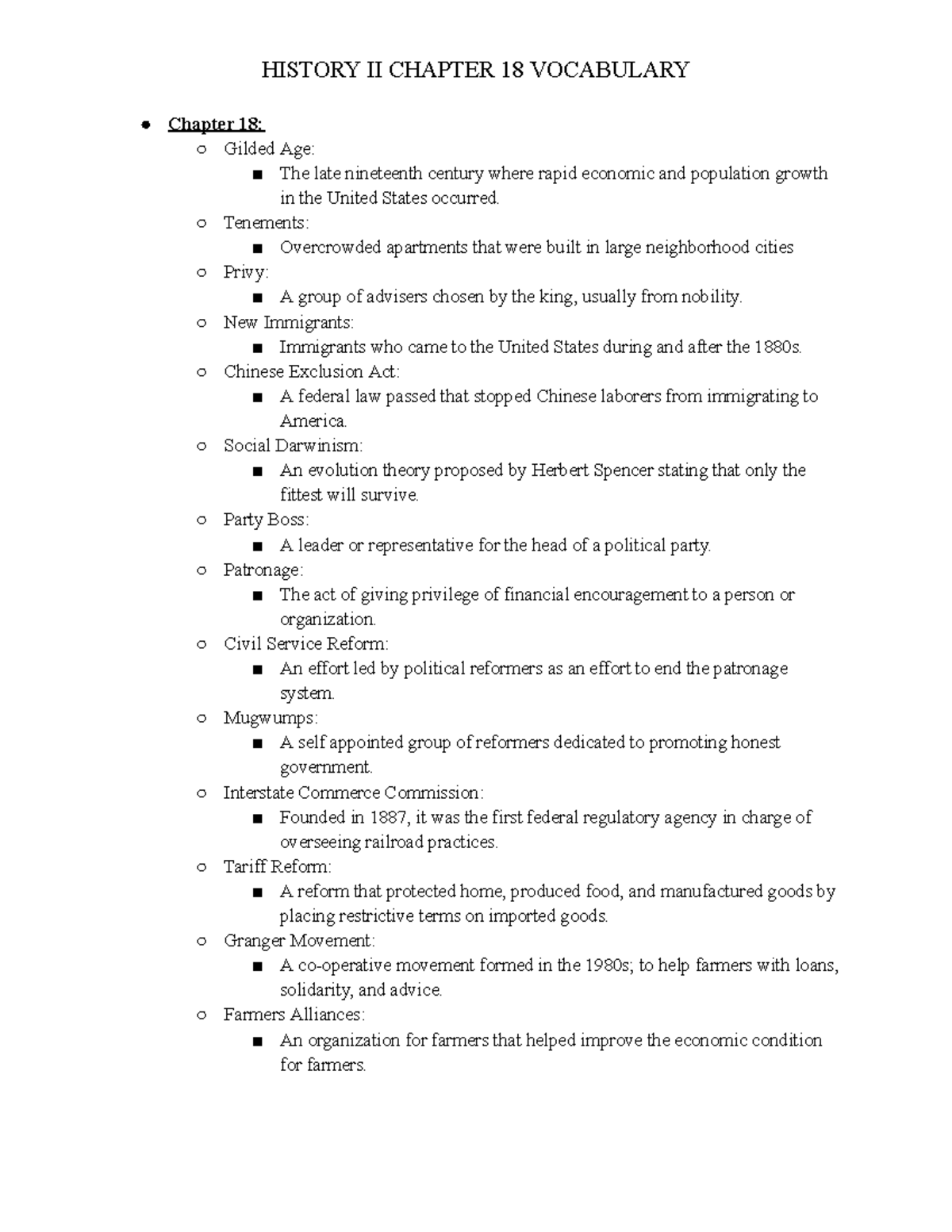 History II Chapter 18 Vocabulary - HISTORY II CHAPTER 18 VOCABULARY ...