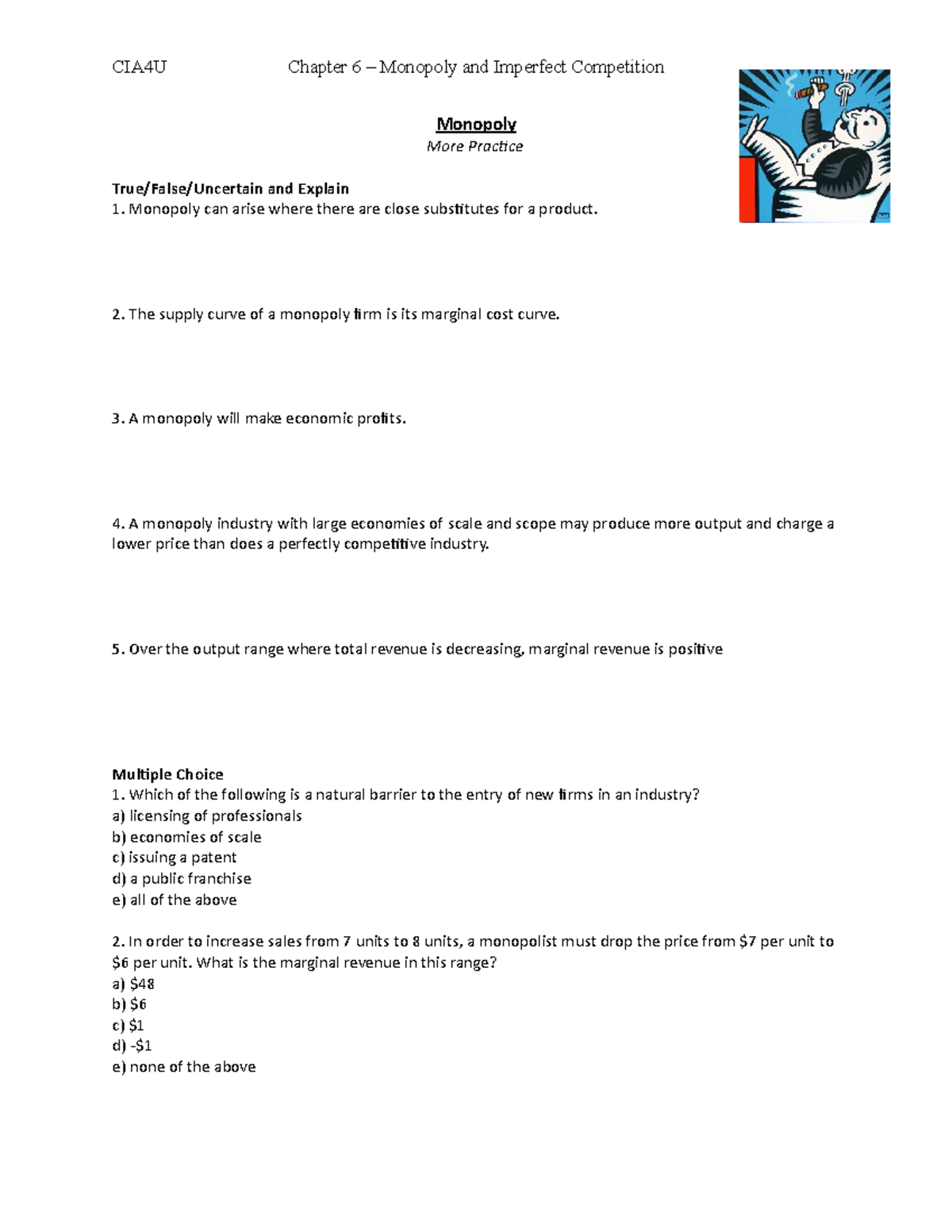 Lesson 2 - Extra Practice - CIA4U Chapter 6 – Monopoly and Imperfect ...