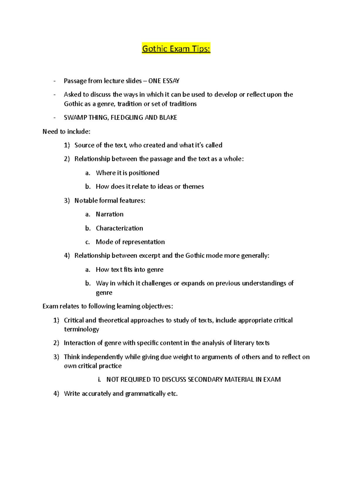 Gothic Exam Tips - Revision, Course summary - Gothic Exam Tips: Passage ...