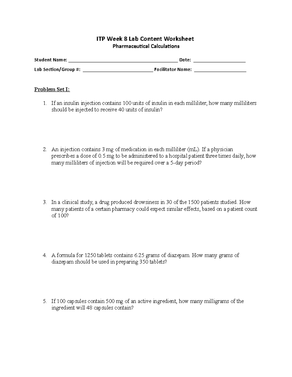 Pharmaceutical Calculations, Lab Content Worksheet, Wk 8, ITP Fall 2022 - ITP Week 8 Lab Content ...