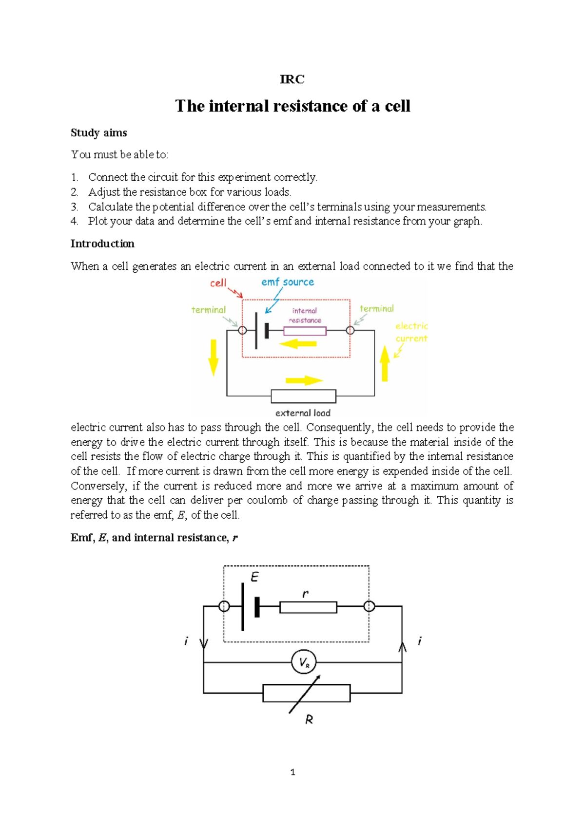 PHY 124 Major Prac Internal Resistance of Cell (Notes) - IRC The ...
