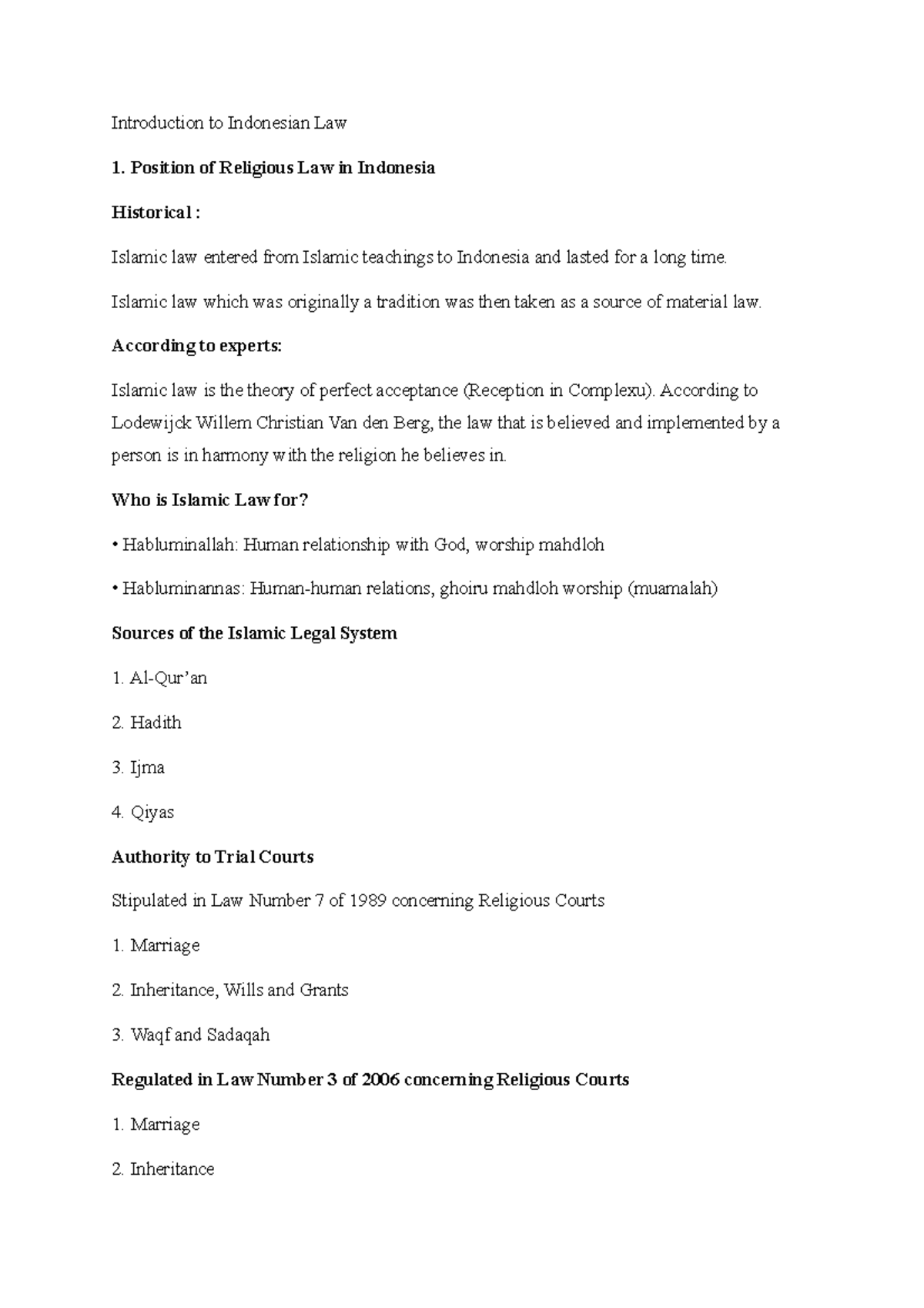 Lecture Notes Position OF Religious LAW Introduction TO Indonesian LAW ...