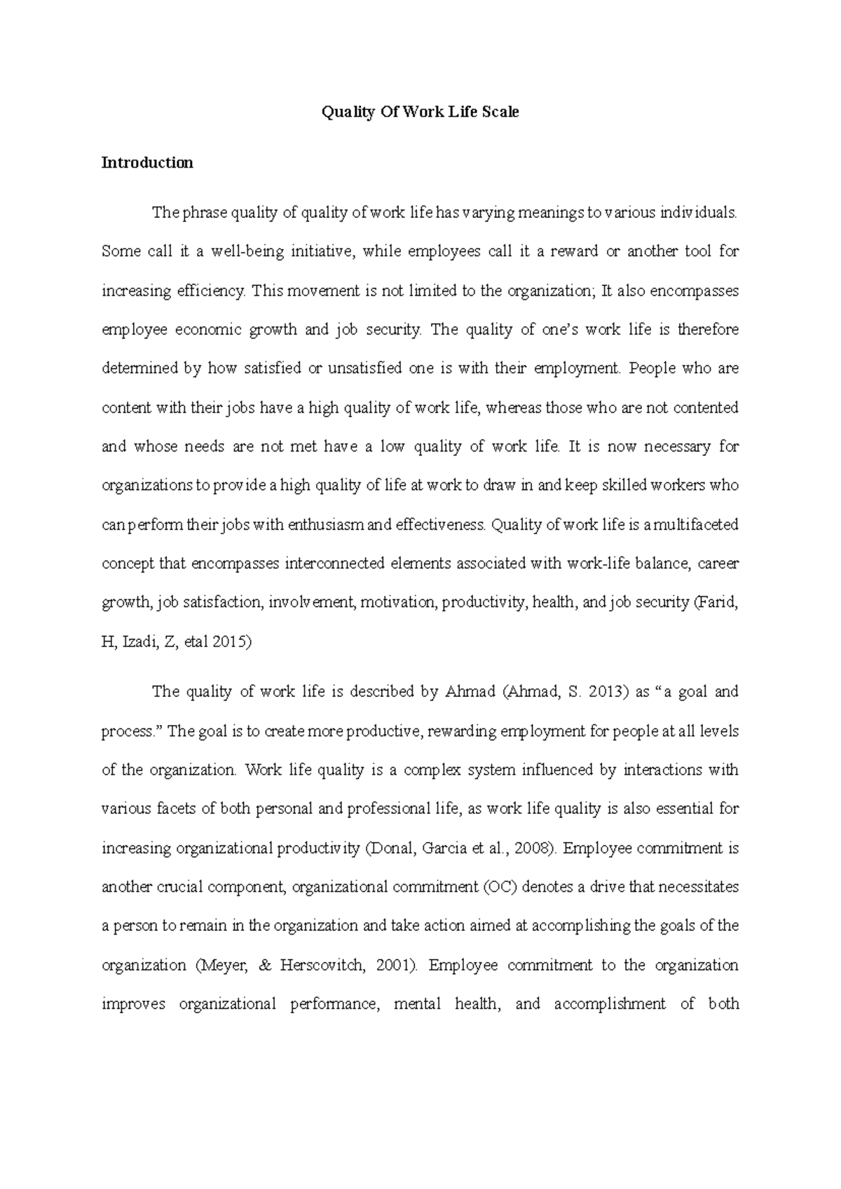 QWL intro - Quality Of Work Life Scale Introduction The phrase quality ...