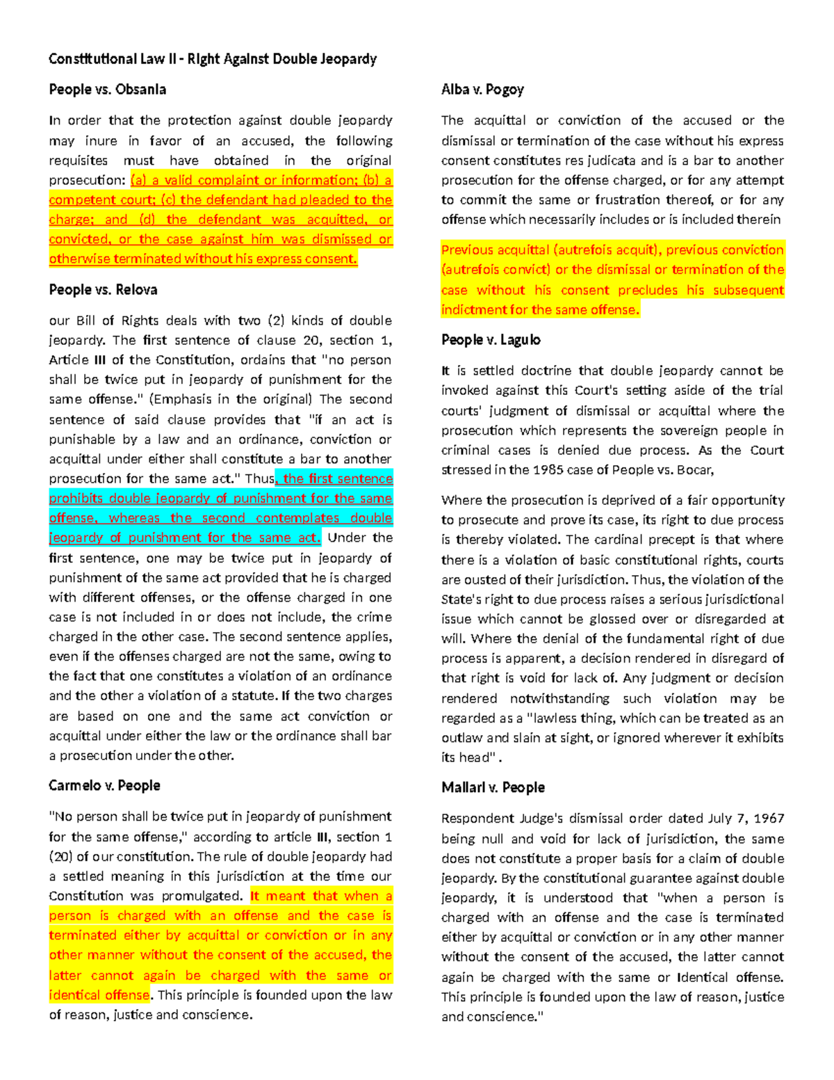 Constitutional Law II double jeopardy - Constitutional Law II - Right ...