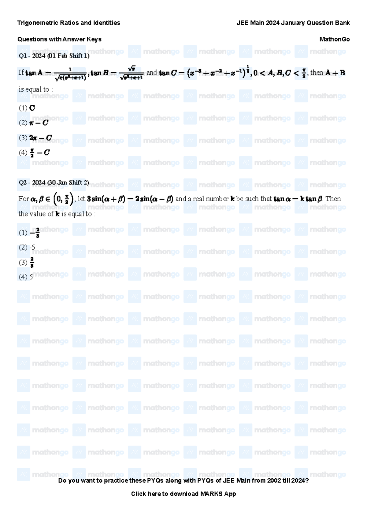 Trigonometric Ratios & Identities - JEE Main 2024 January Question Bank ...