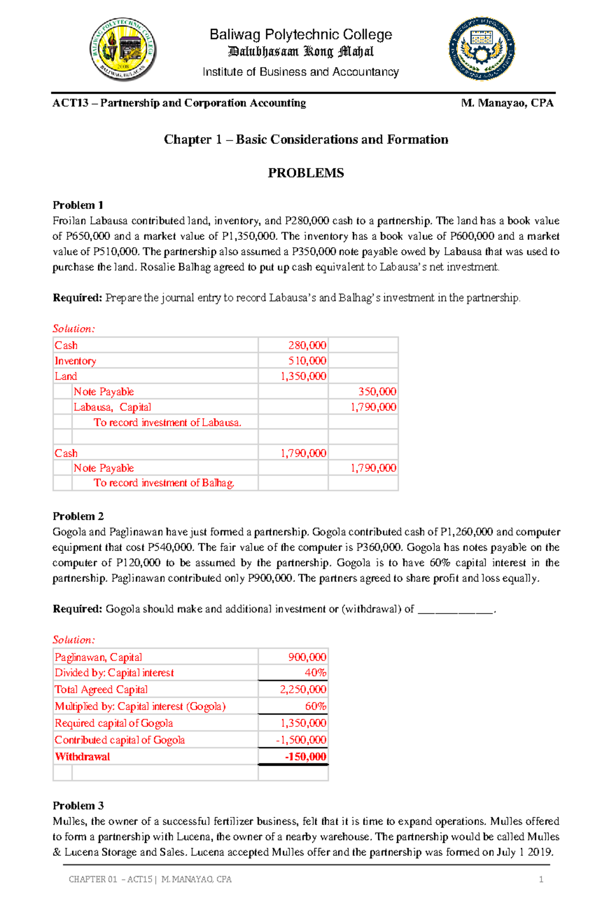 Chapter 1 Solution pdf - ACT13 – Partnership and Corporation Accounting M. Manayao, CPA Chapter ...