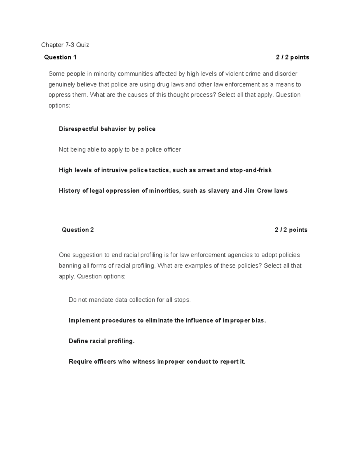 Chapter 7-3 Quiz - quiz - Chapter 7-3 Quiz Question 1 2 / 2 points Some ...