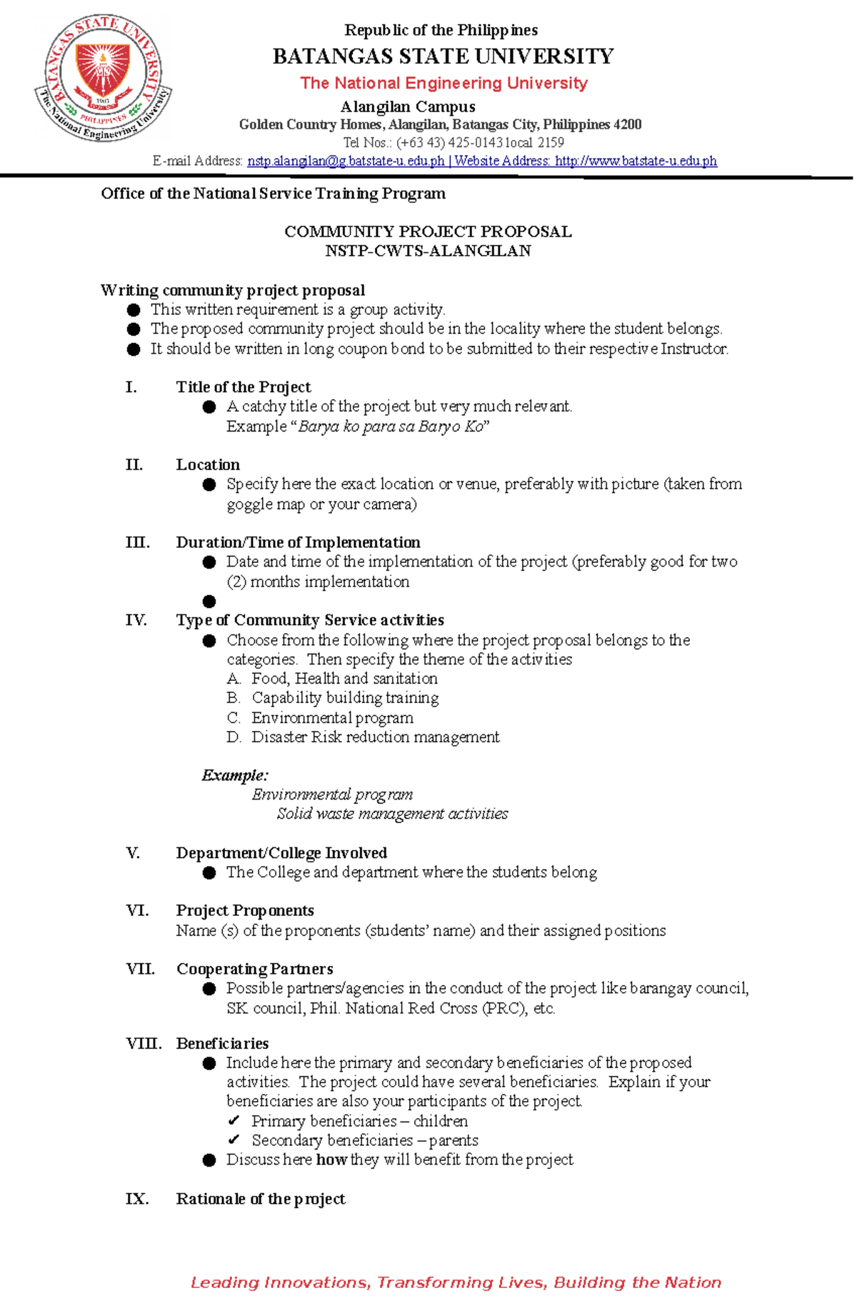 CWTS Project Proposal Format 2022 - Republic of the Philippines ...