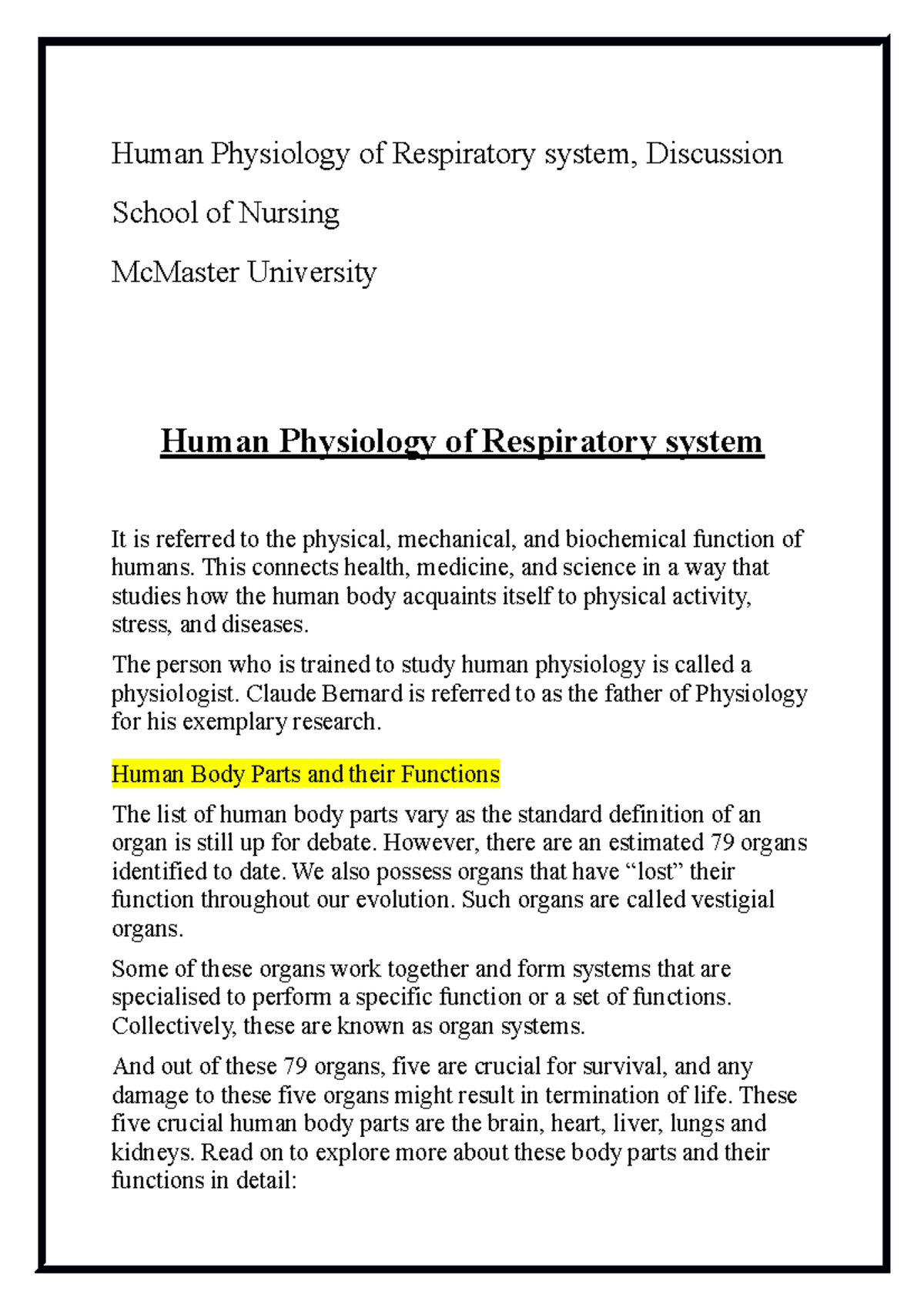 Human physiology of respiratory system discussion - Human Physiology of ...