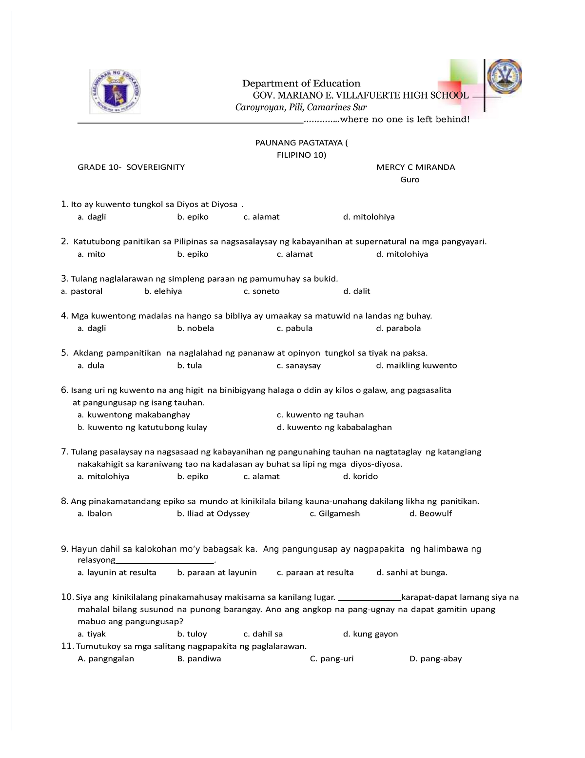 Pdf-filipino-10-exam - Department of Education GOV. MARIANO E ...