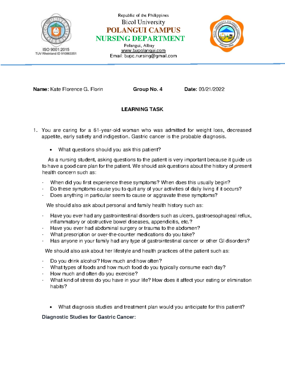 Florin, KF G4 Learning TASK - Name: Kate Florence G. Florin Group No. 4 ...