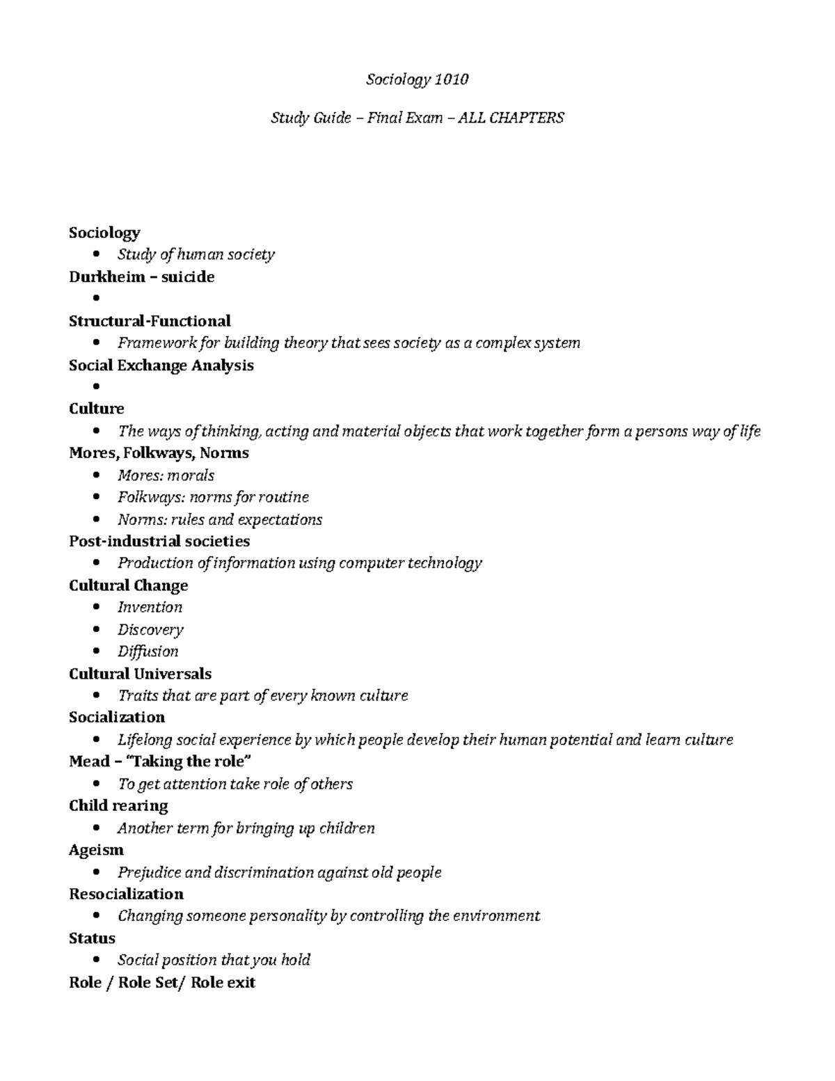 Final study guide - Summary Introduction to Sociology - Sociology 1010 ...