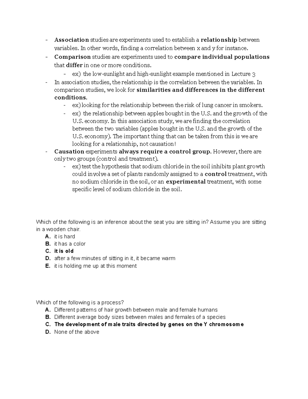 BIO 201 Discussion Notes - Association studies are experiments used to ...