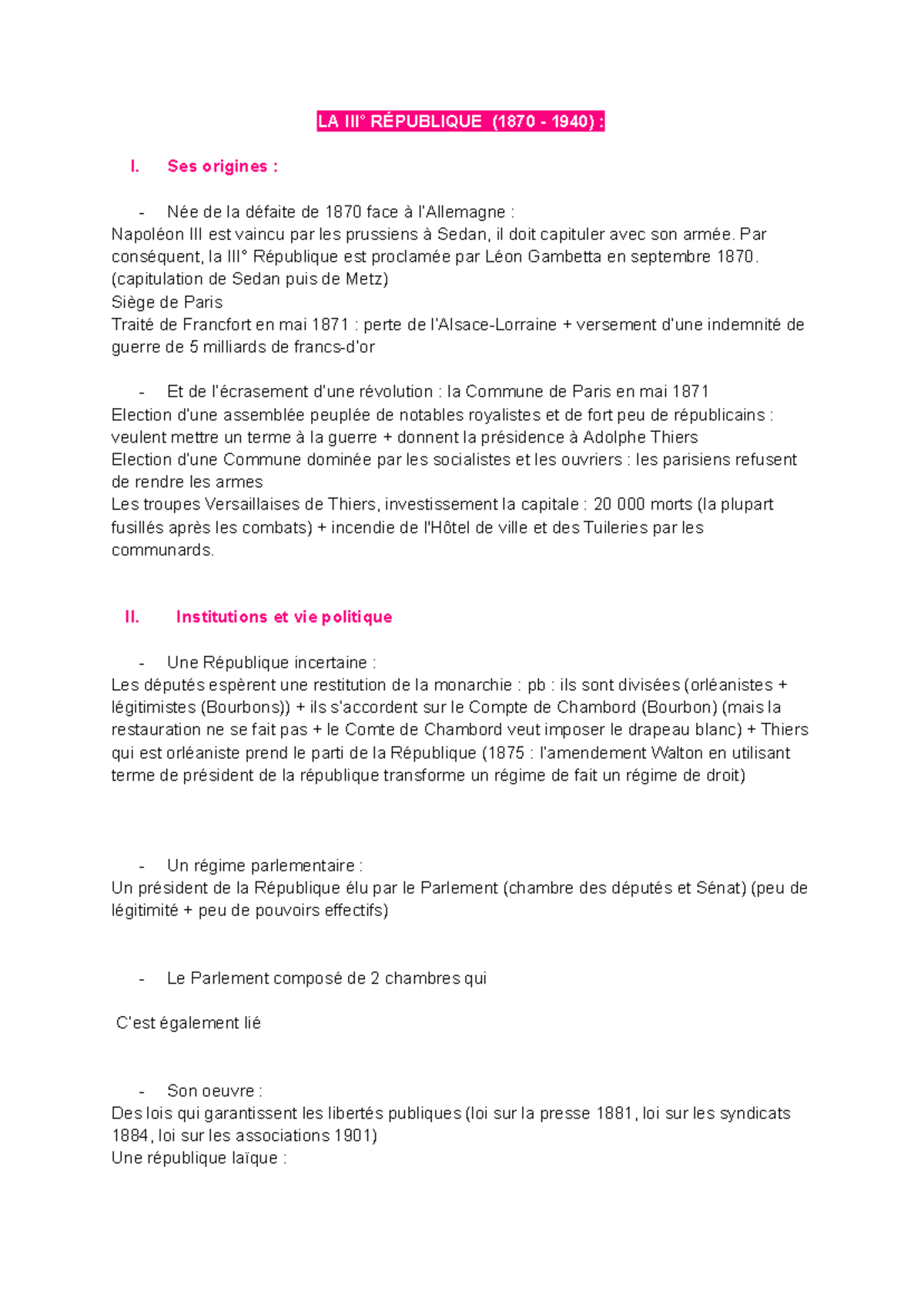 LA III° République (1870 - 1940) - LA III° RÉPUBLIQUE (1870 - 1940) : I ...