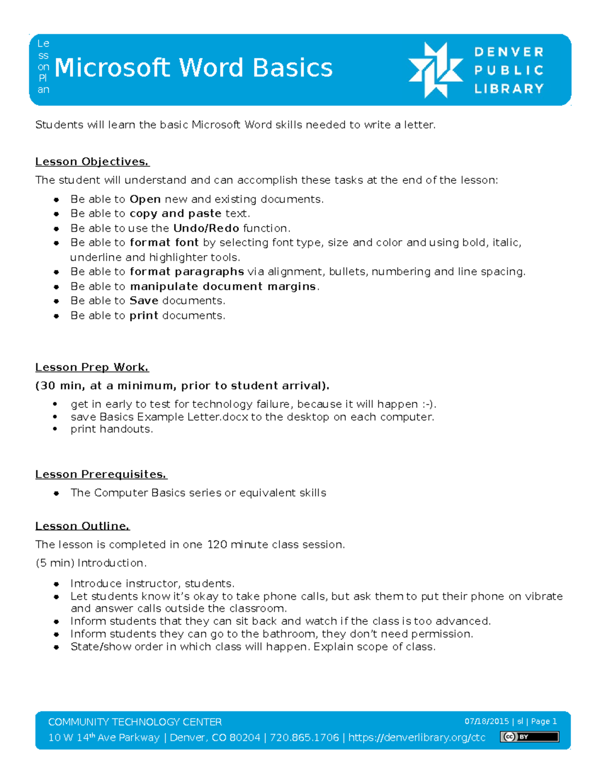 Microsoft Word - Basics Lesson Plan - Students will learn the basic ...