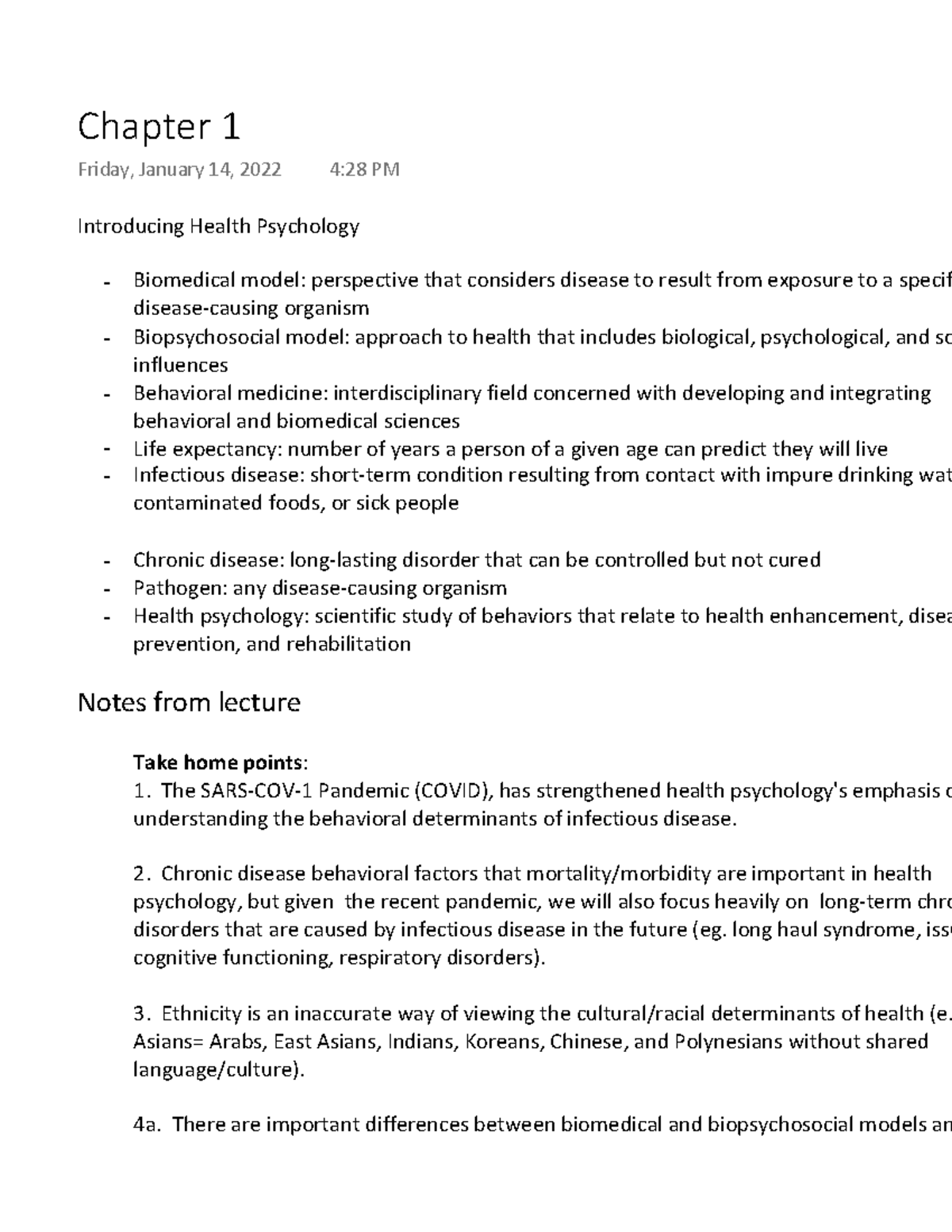 Chapter 1 Notes - Introducing Health Psychology Biomedical model ...
