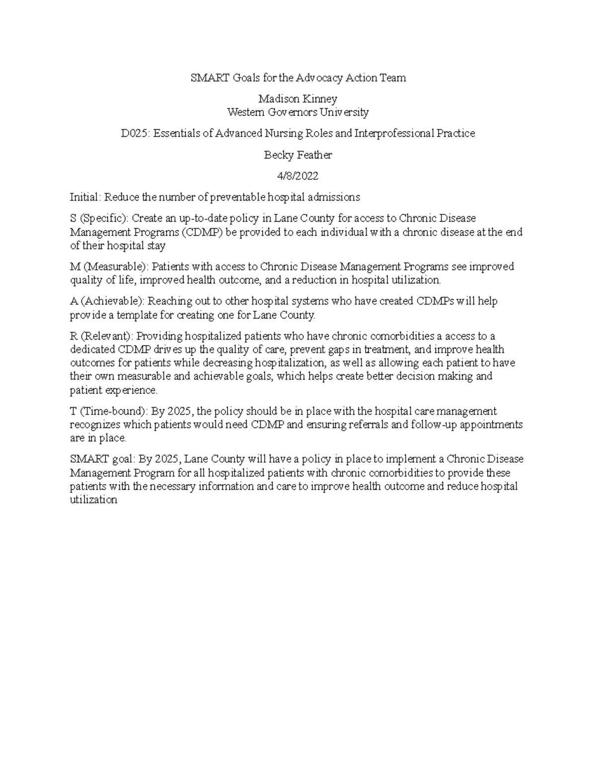 Smart goal - SMART Goals for the Advocacy Action Team Madison Kinney ...