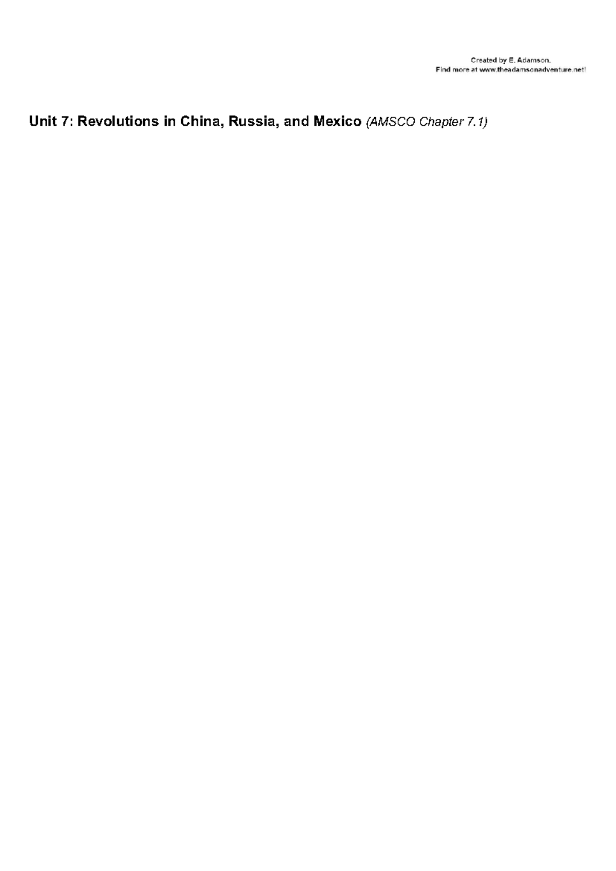 Unit 7-Worksheet - Unit 7: Revolutions in China, Russia, and Mexico ...