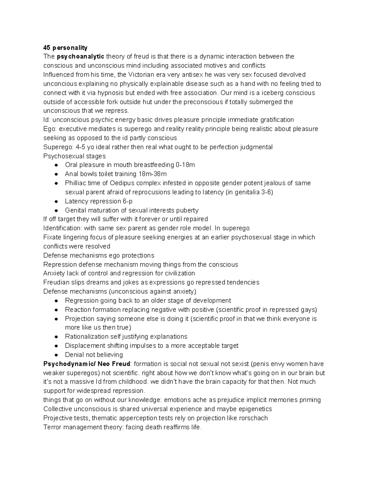 Personality summary (psych 111) - 45 personality The psychoanalytic ...