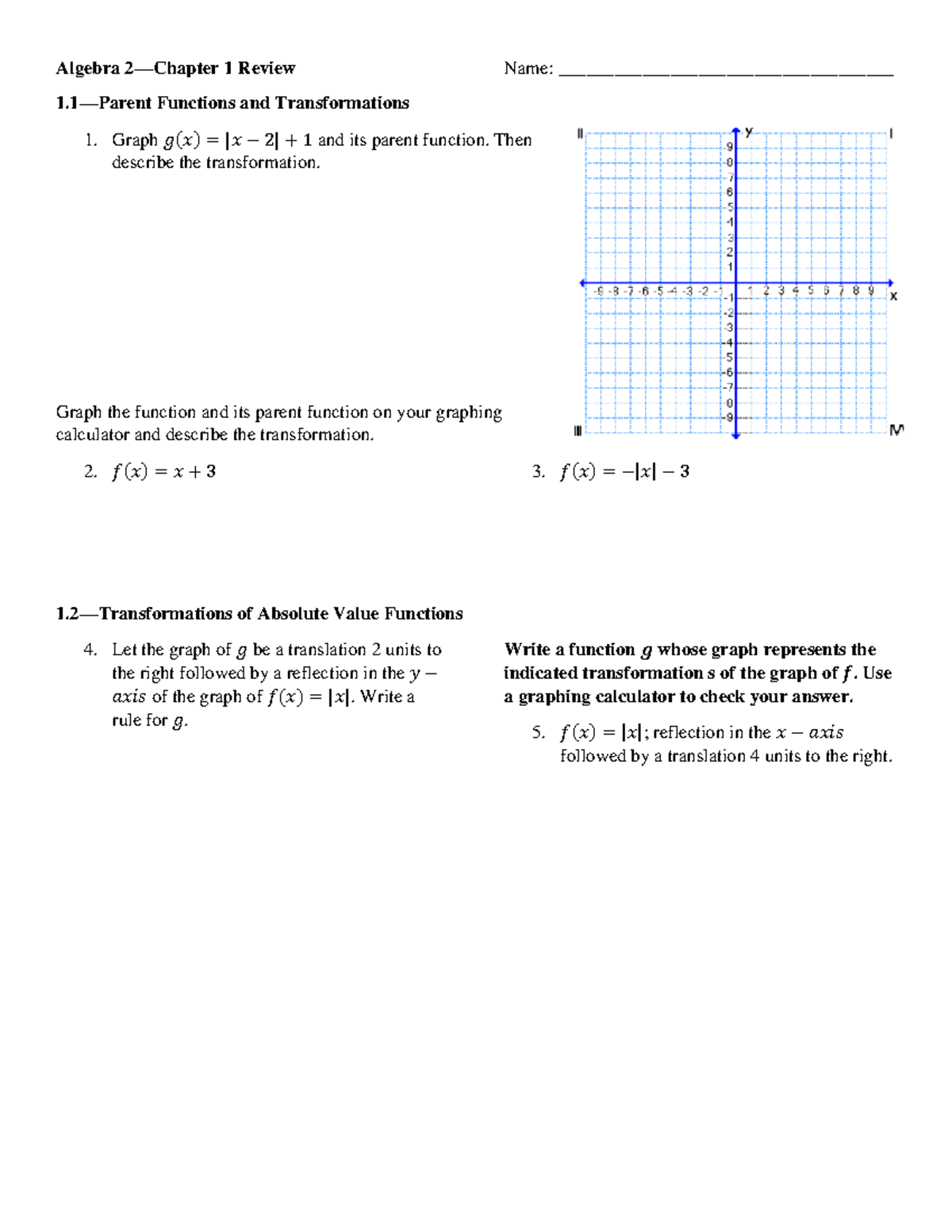 Chapter 1 Review for Test - Algebra 2—Chapter 1 Review Name