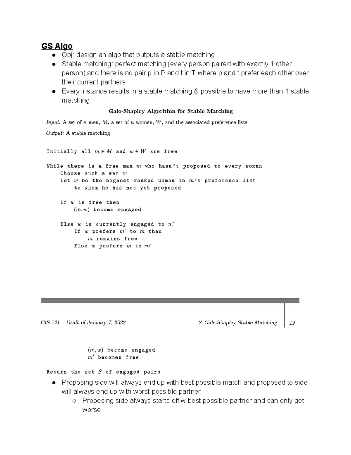C121 Final Review - GS Algo Obj: design an algo that outputs a stable matching Stable matching ...
