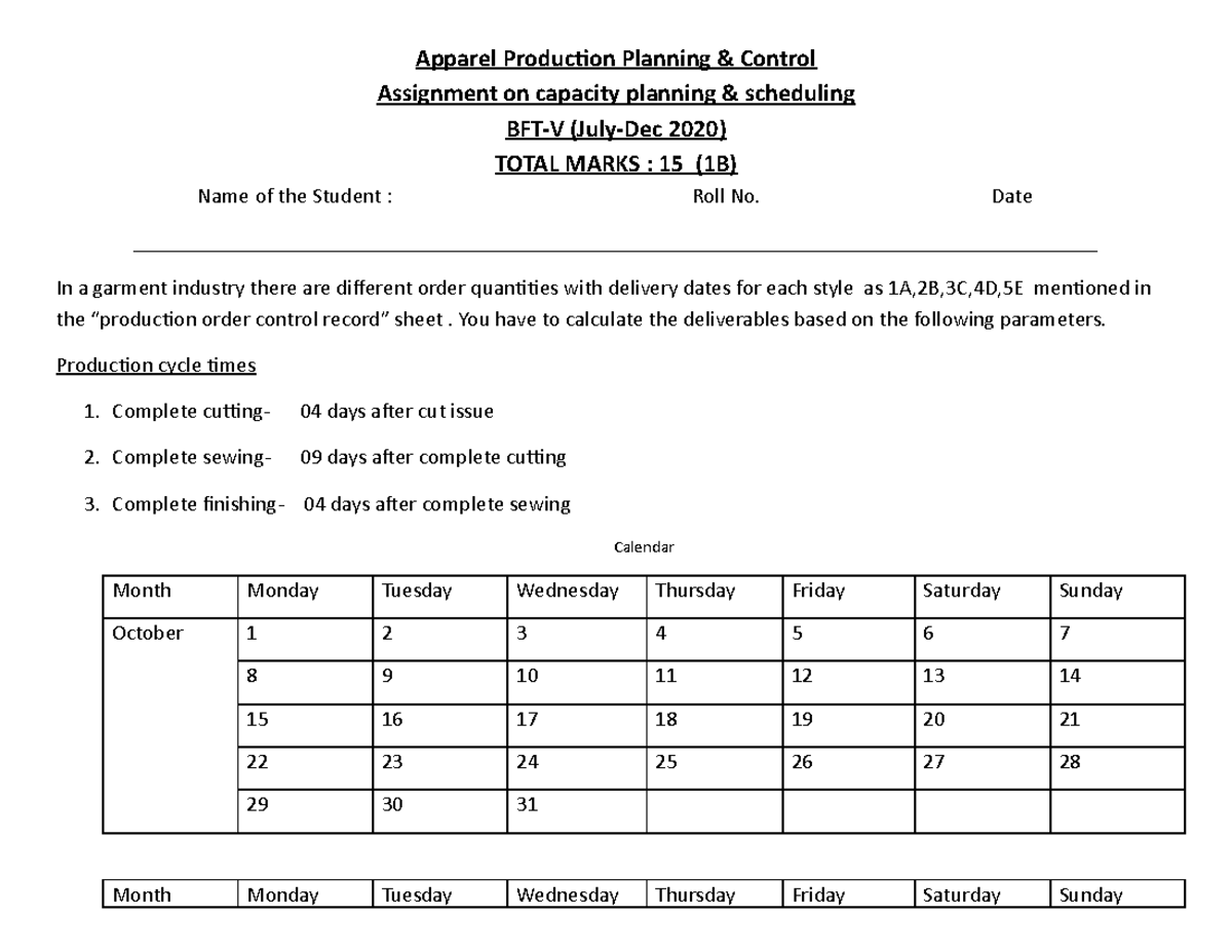 Assignment 1 B-2 - Apparel Production Planning & Control Assignment on ...