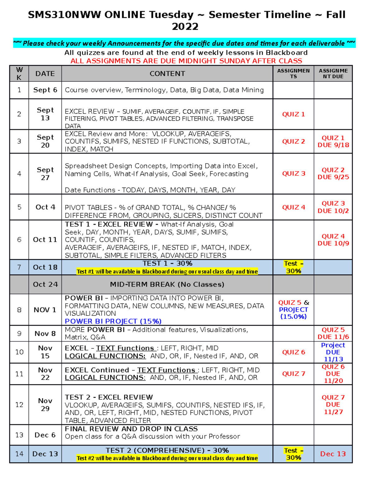 SMS310 NWW Tuesday Weekly Schedule FALL 2022 Modified - SMS310NWW ...