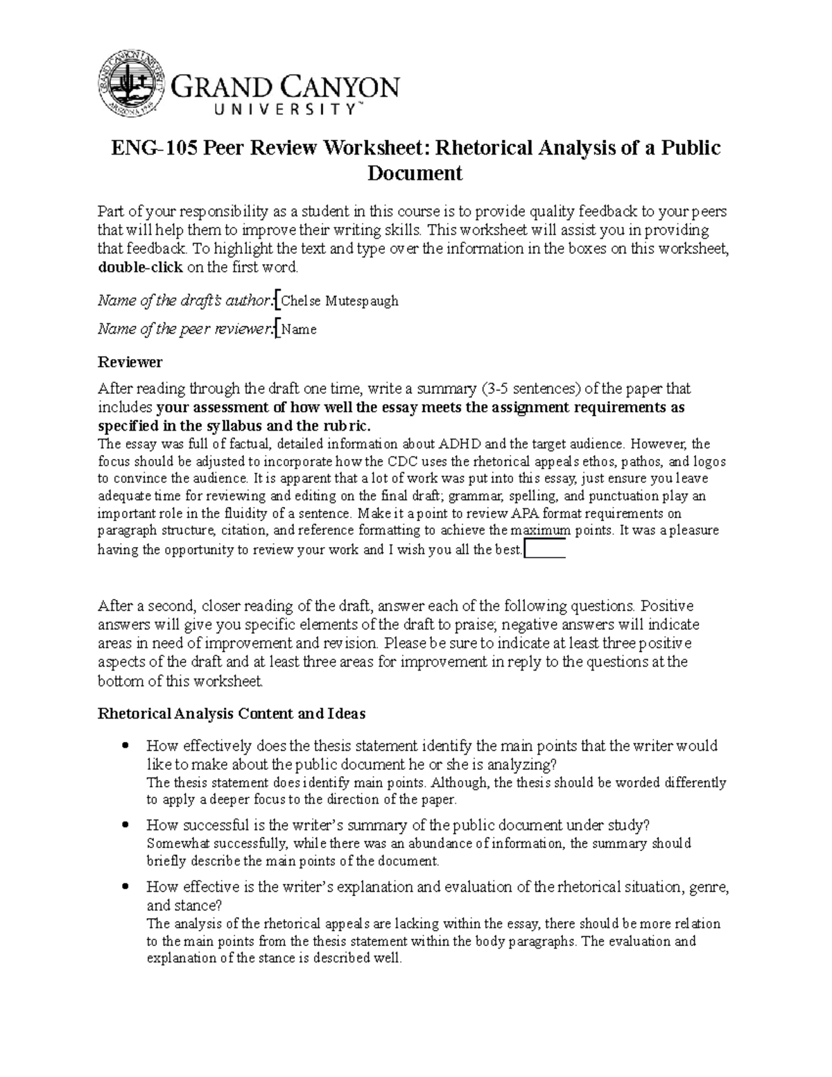 ENG105 Rhetorical Analysis Peer Review Worksheet - ENG-105 Peer Review ...