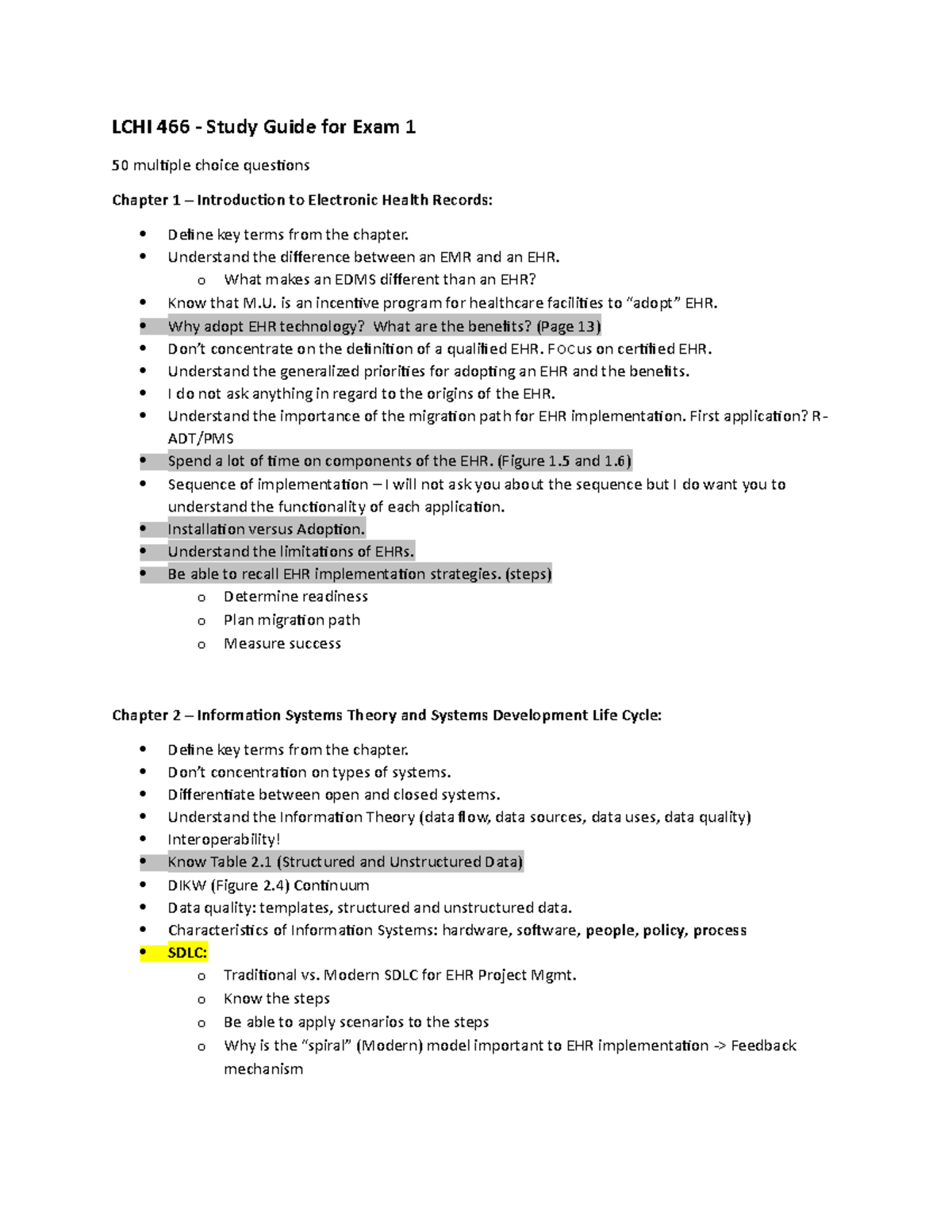 Study Guide for Exam #1 - Understand the difference between an EMR and ...